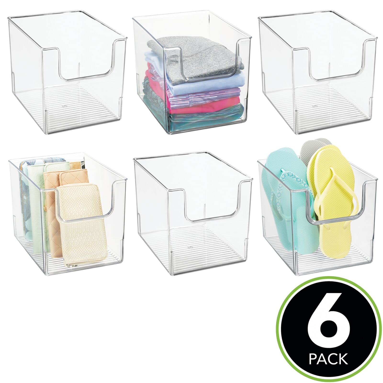 mDesign Modern Plastic Open Front Dip Storage Organizer Bin Basket for Closet Organization - Shelf, Cubby, Cabinet, and Cupboard Organizing Decor - Ligne Collection - 6 Pack - Clear