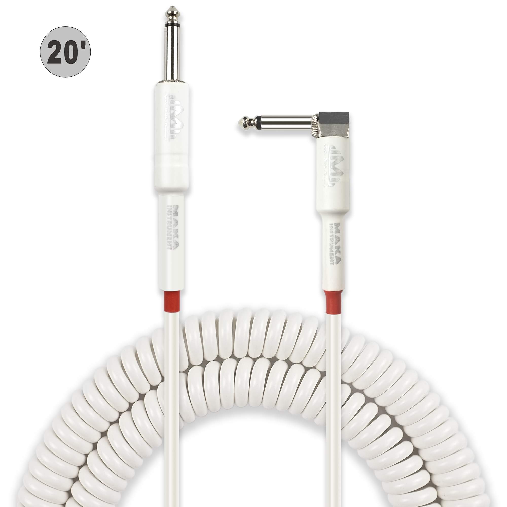 M MAKA Premium Guitar Coil Cable 20 Feet, Instrument Coiled Curly Cord for Guitar Bass, 1/4 inch Right Angle to Straight, White …