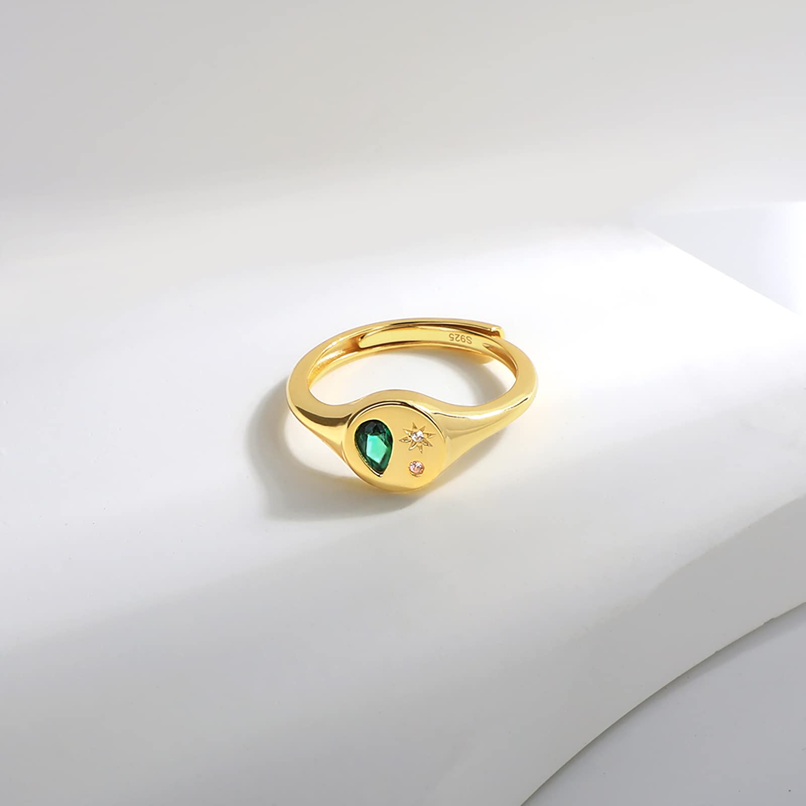 PHNIBIRD Gold Rings for Women with Emerald Green Waterdrop Shape CZ and Octopus Stars