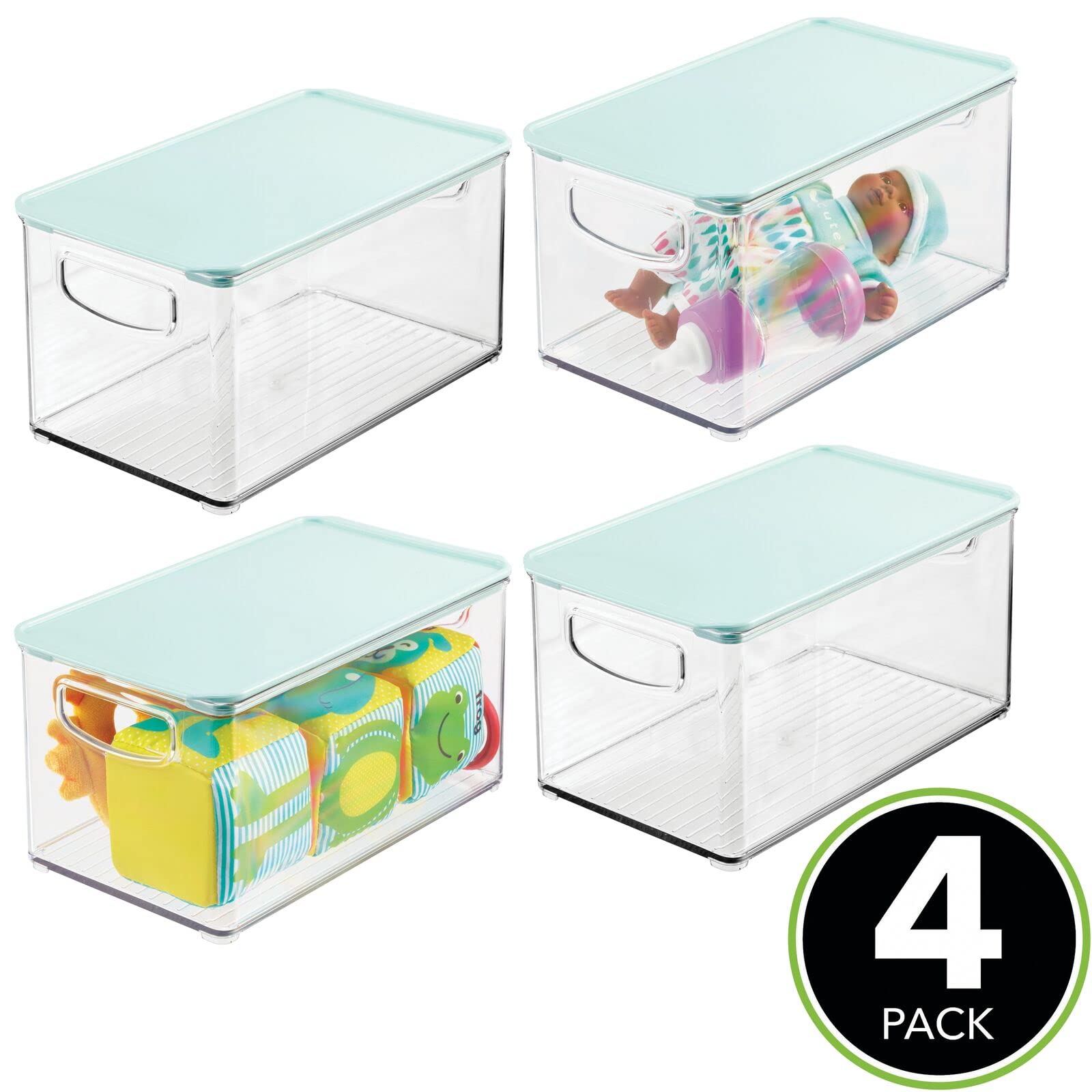 mDesign Plastic Storage Bin Box Container, Lid - Built-In Handles - Organization for Toys, Games, Accessories in Play or Game Room, Cabinet, Shelves, Cubby, Ligne Collection, 4 Pack, Clear/Mint Green
