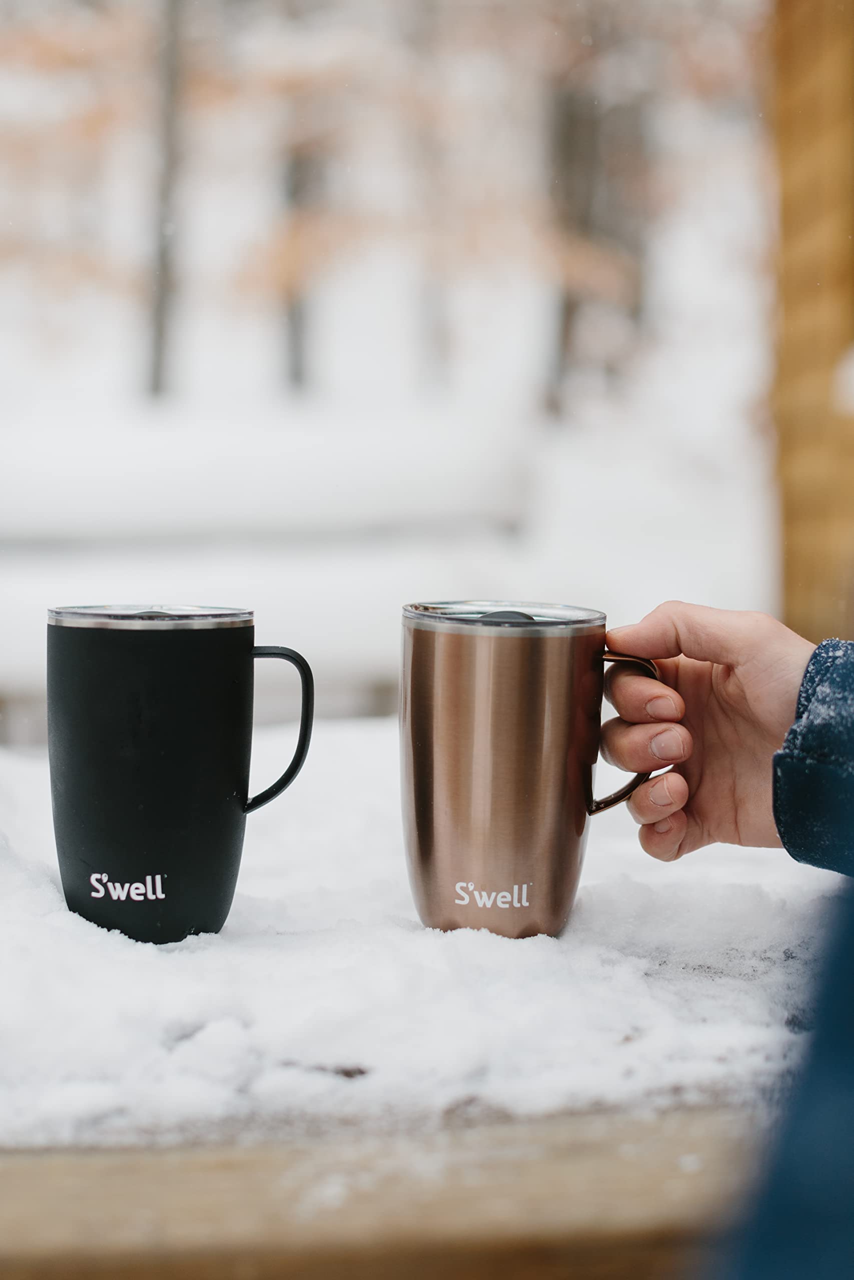 S'well Mug with Handle, Pyrite, 350ml. Vacuum Insulated Stainless Steel Travel Mug with Handle, On-The-Go Travel Cup with Slide-Open Lid - Dishwasher Safe