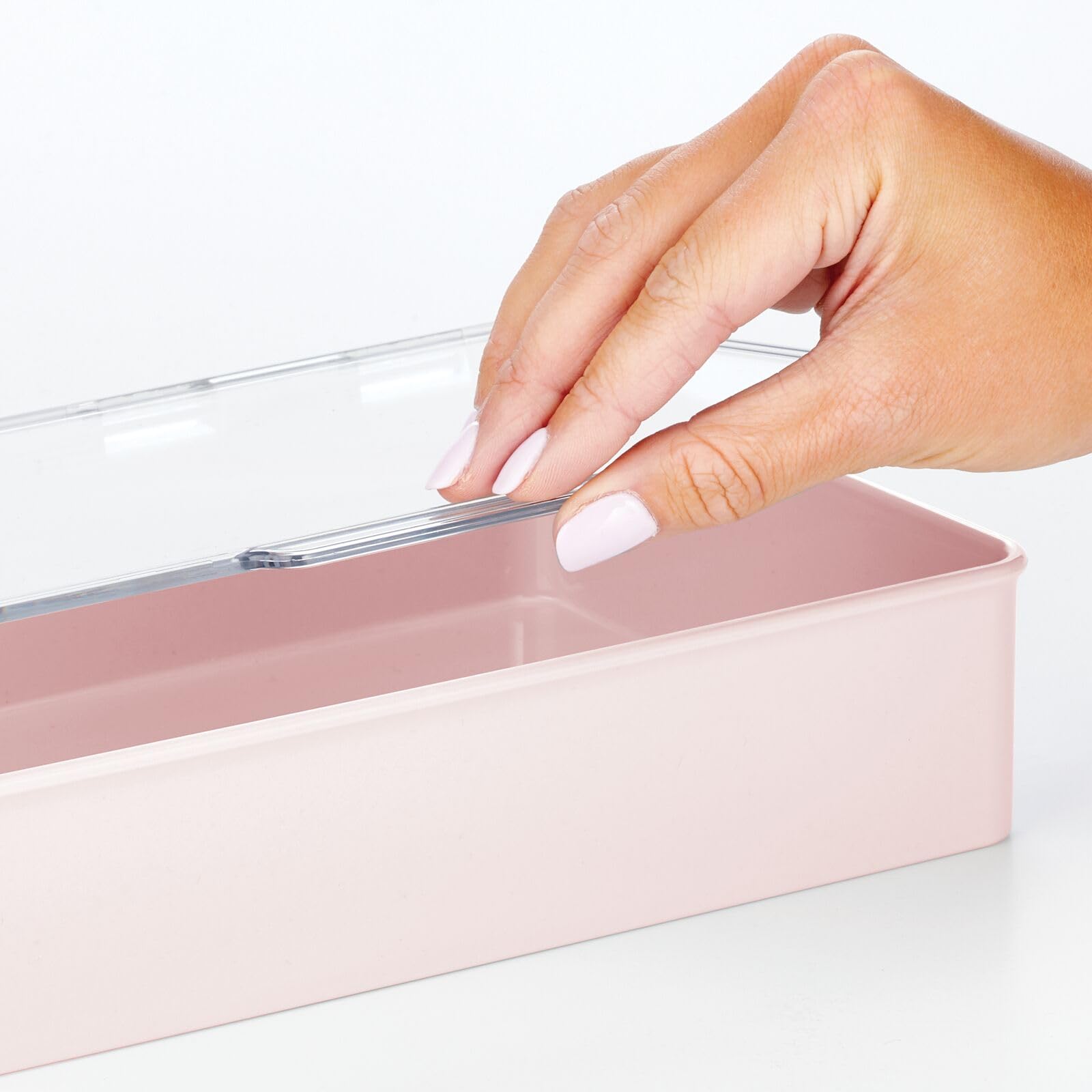 mDesign Plastic Household Storage Bin Box Organizer Container with Hinge Lid for Kitchen, Office, Bathroom, Bedroom, Hold Food, Snacks, Makeup, Toys, Work Supplies, Accessories, Light Pink/Clear