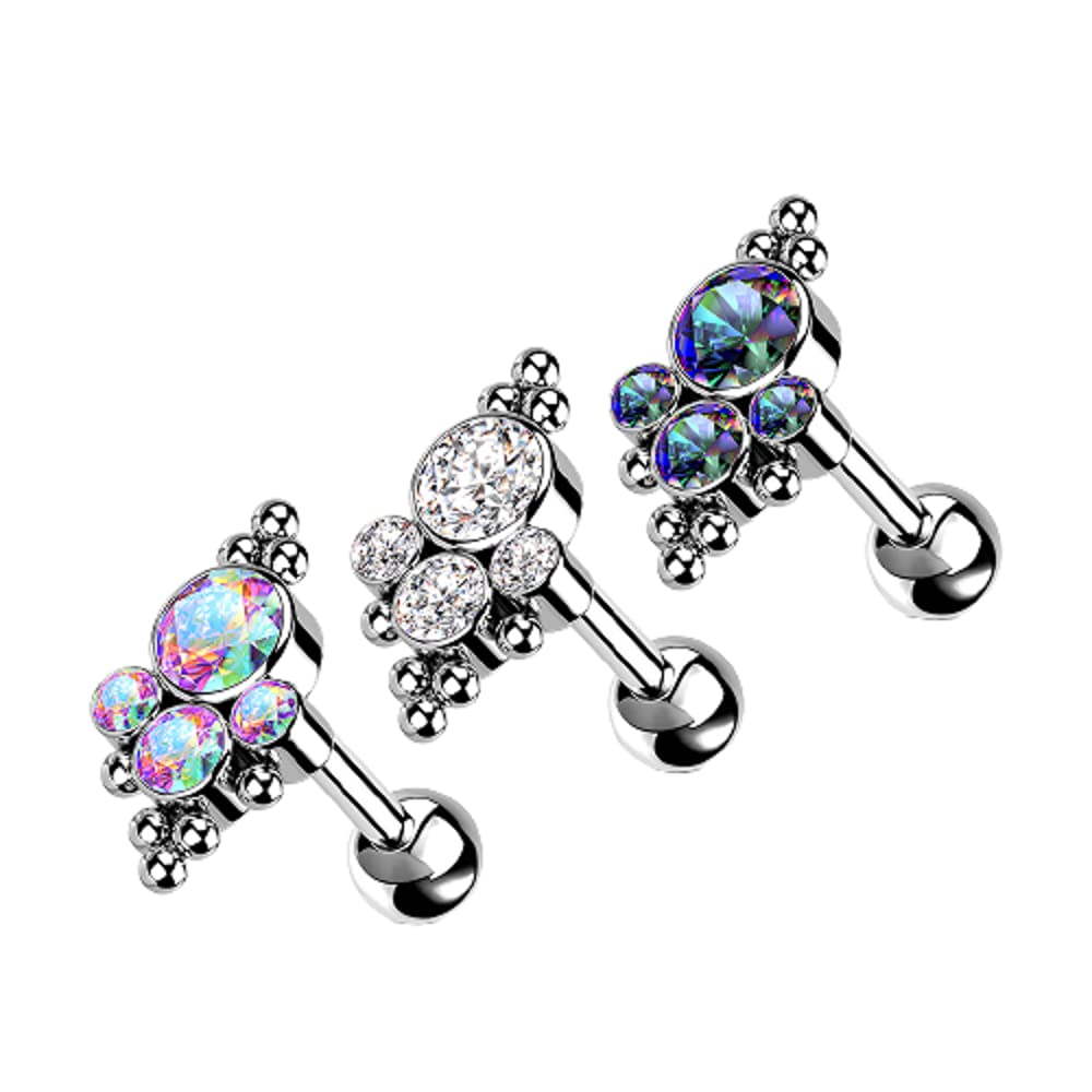 Pierced Owl 16GA G23 Implant Grade Titanium CZ Crystal and Ball Cluster Internally Threaded Barbell (Vitrail Medium)