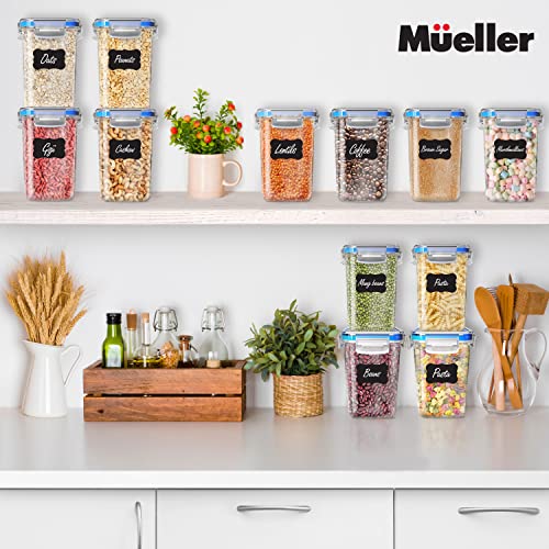 Mueller Airtight Food Storage Container Set with Lids β 14-Piece, Kitchen & Pantry Organization and Storage, Dishwasher, Freezer and Microwave Safe β 14 Labels, 4 Measuring Cups and Marker, Blue