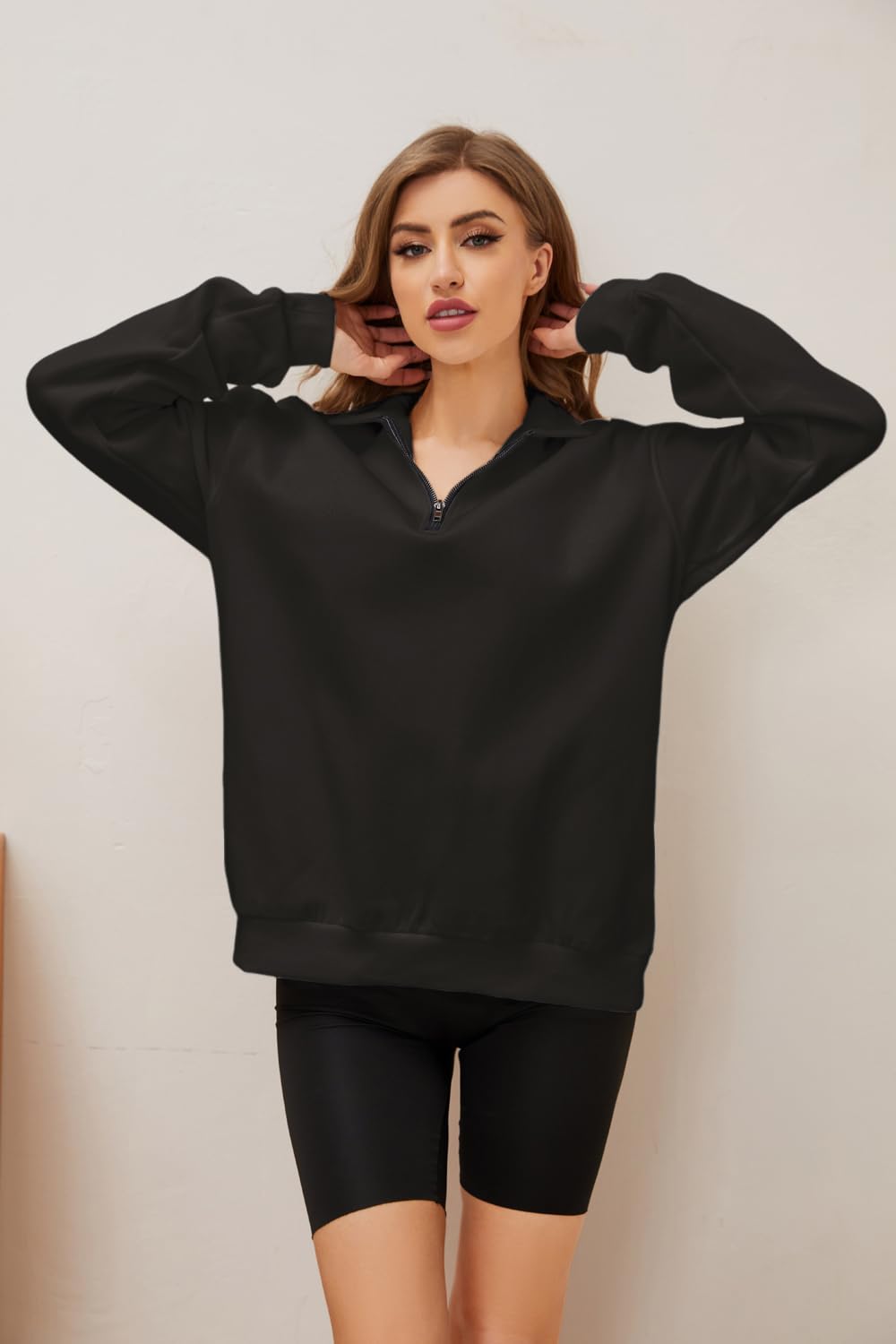 MISSACTIVER Women's Oversized Quarter 1/4 Zip Sweatshirts Lapel Collar Long sleeve Drop Shoulder Solid Pullover Jumper Top Black