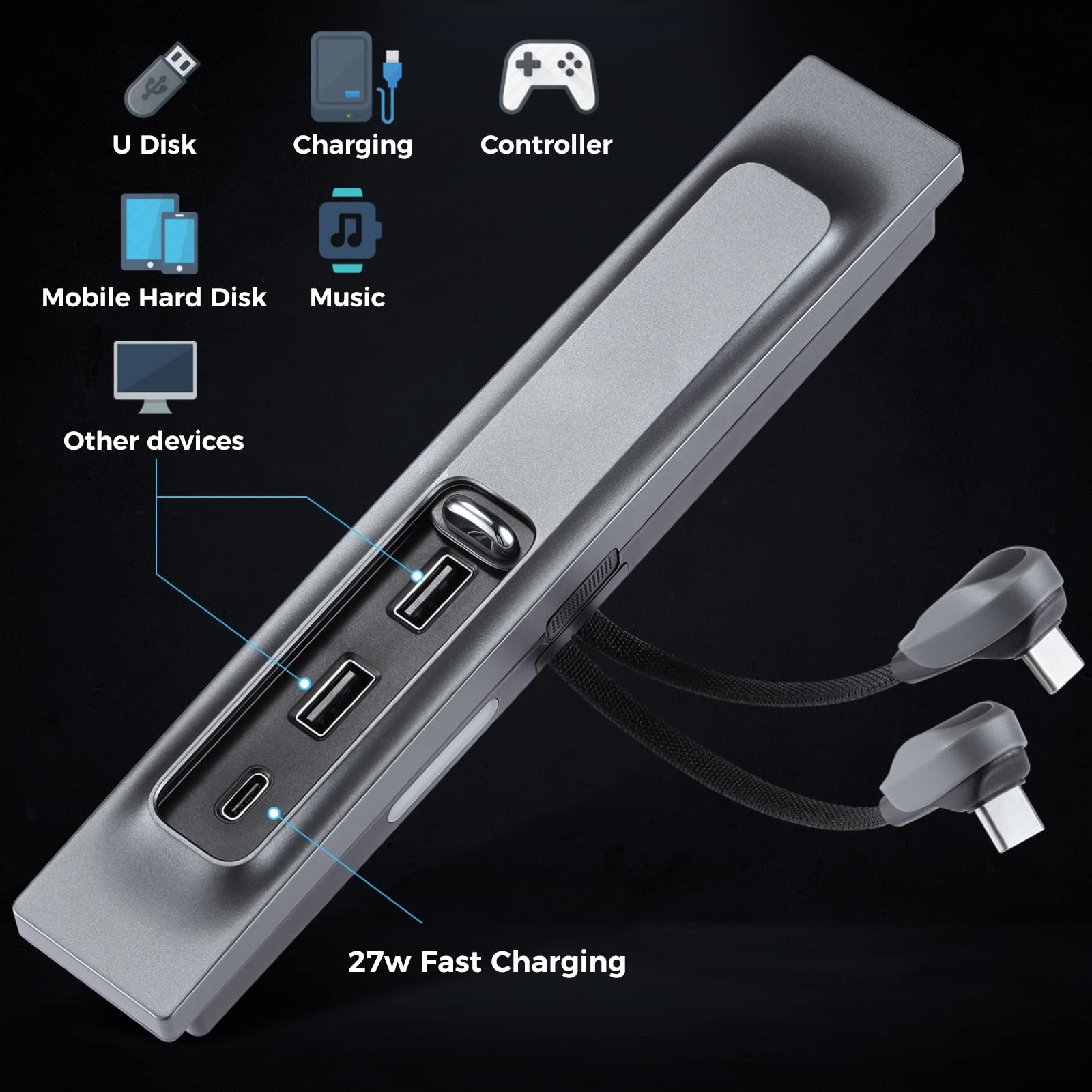 Tesla USB Hub, COSYOO 3 in 1 Docking Station USB Hub for Tesla Model 3 Model Y - Extension Cable Charger Multi-Port HUB Adapter with LED Light Black