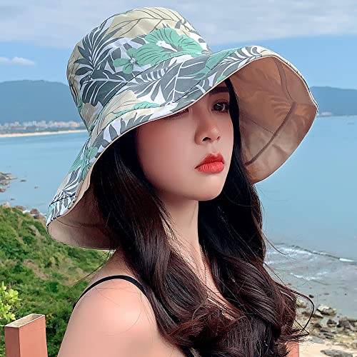 Reversible Floral Sun Hats UV Protection UPF Packable Wide Brim Chin Strap Women (Beige)