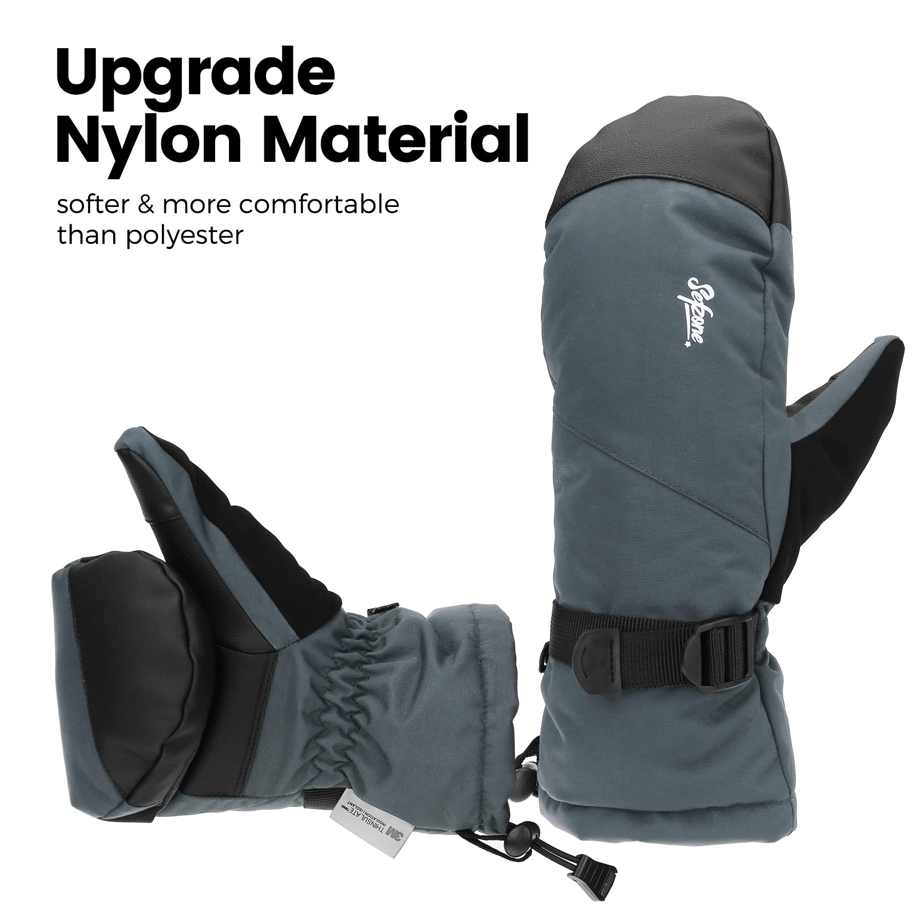 SEFZONE Ski Mittens Waterproof, 3M Thinsulate Insulation Winter Mittens for Men/Women, Touchscreen, Anti-Lost, Snow Mittens for Snowboarding, Snowmobiling, Snow Shoveling