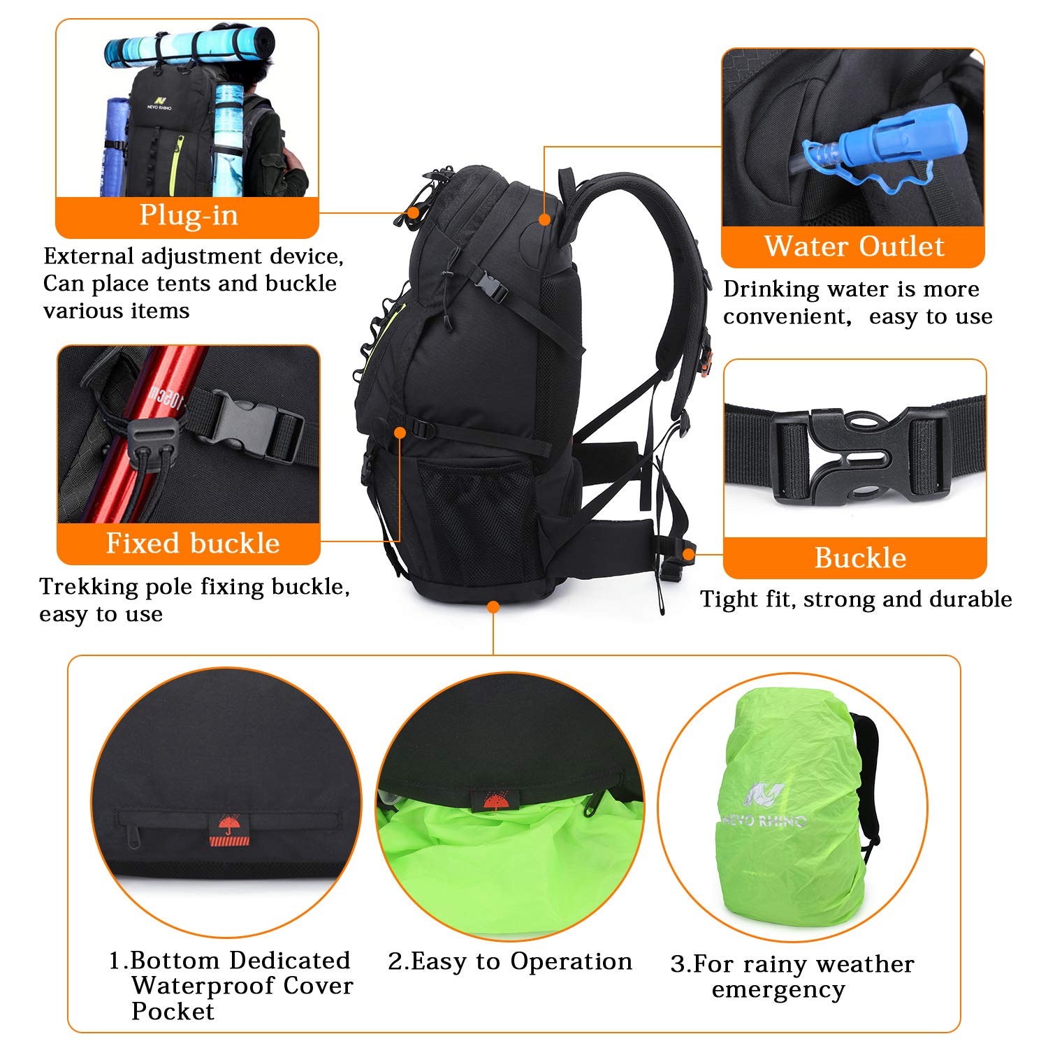 Lightweight Hiking Backpack 45L / 50L,Internal Frame Backpack with Rain Cover and Whistle Buckle; Durable Rock Climbing Backpack. High Performance Backpack for Camping, Tourism and Outdoor Sports