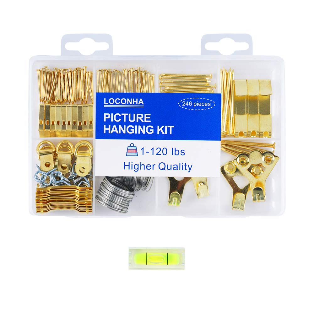 LOCONHA Picture Hanging Kit Includes Hooks, Nails, Sawtooth Hangers, Frames,and Picture Hanging Wire 246pcs