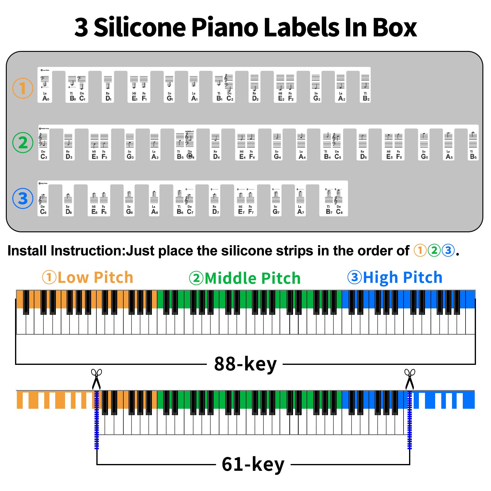 Piano Keyboard Stickers Alternative, DELLAN Silicone Removable Piano Keyboard Note Labels for Beginners and Kids, 88-Key Piano Accessories (Black)