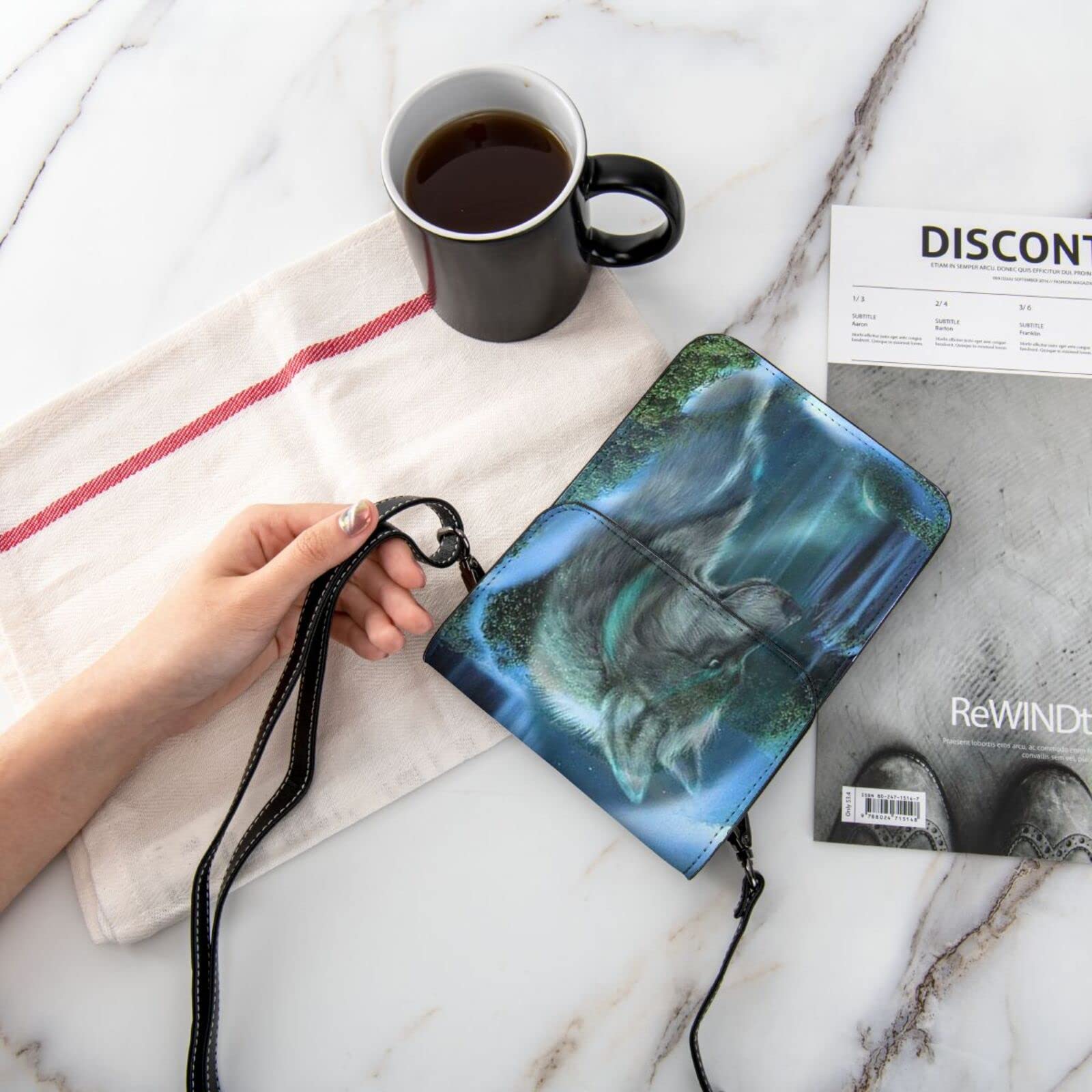 SKETVNHR Abstract Wolf Waterfall Galaxy Small Crossbody Cell Phone Purse for Women Soft Leather Fashion Travel Wallet with Adjustable Strap
