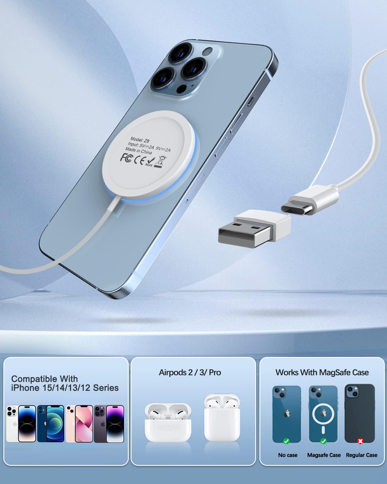 Magnetic Wireless Apple Mag-Safe Charger for iPhone 15/14/13/12 Series, AirPods 3/2/Pro - LED Magnet Pad With Dual Charging Ports