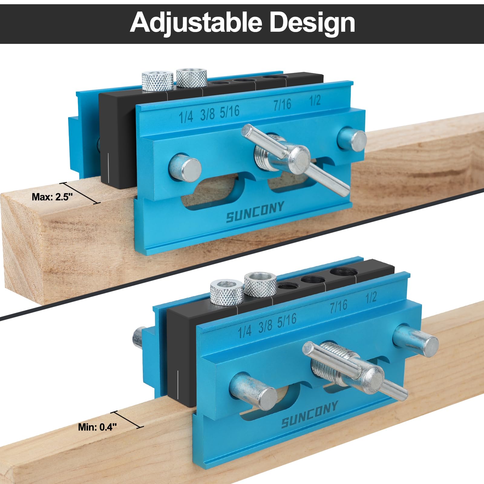 SUNCONY Doweling Jig Self Centering Kit,Biscuit Joiner Woodworking Dowel Jig Tool for Straight Holes, Drilling Jig With 6 Bushings, Ajustable Width Drilling Guide Power Tool Accessory Jigs (Blue)
