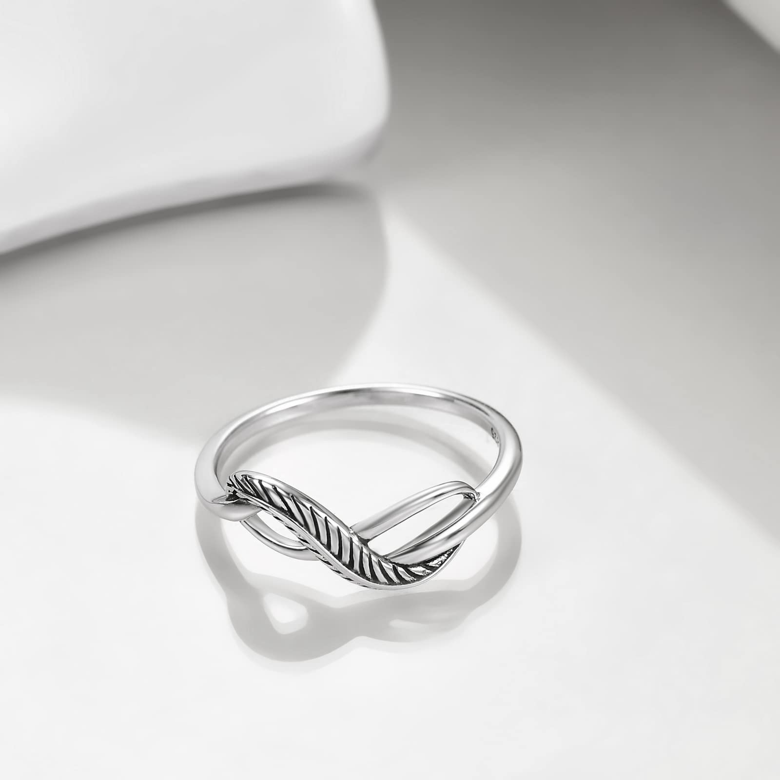 POPKIMI 925 Sterling Silver Feather Ring Angel Wings Leaf Wedding Ring for Women Girls Men (8)