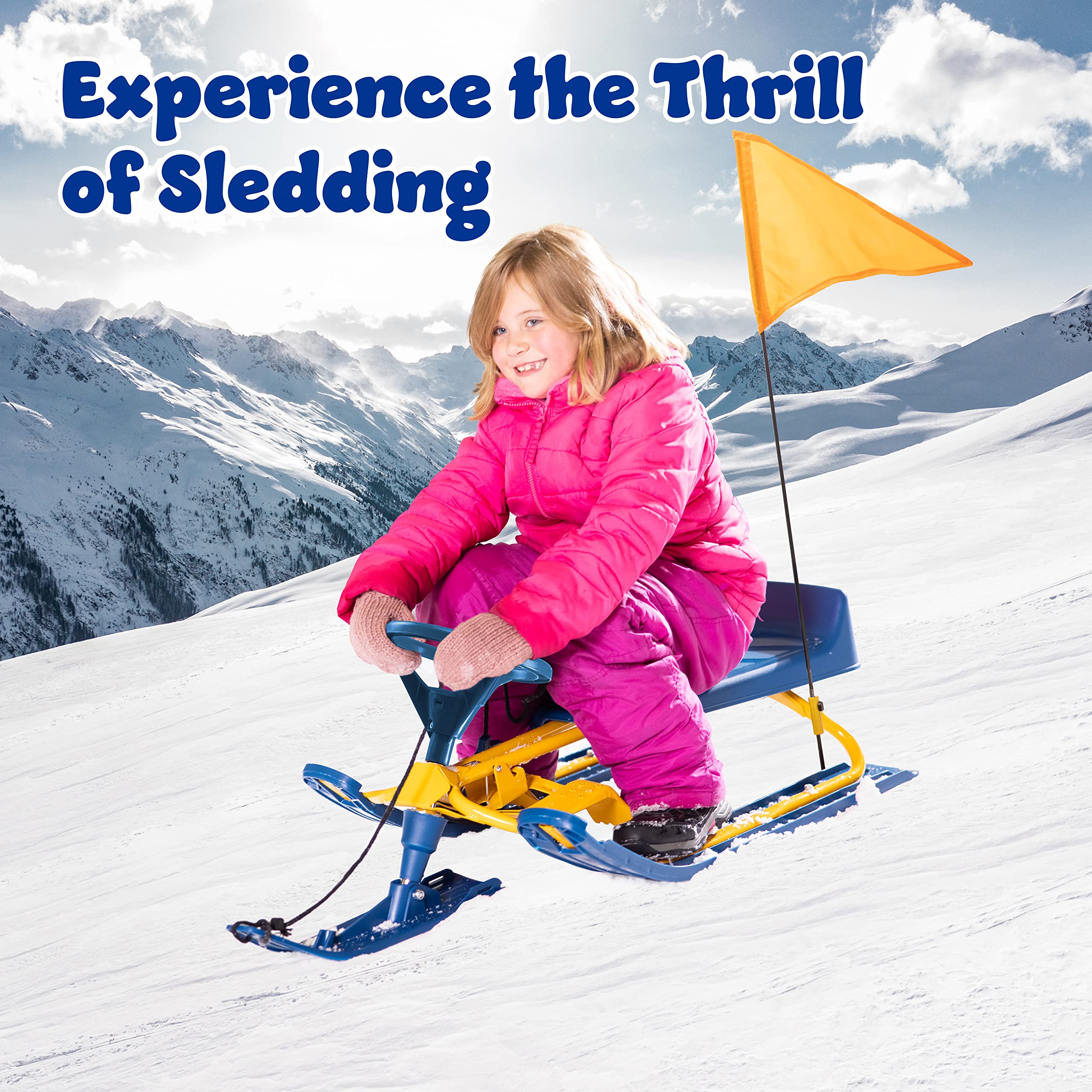 Machrus Frost Rush Snow Sled with Steering Wheel, Twin Brakes & Pull Rope - Winter Racer Snow Sled for Kids and Adults for Sledding