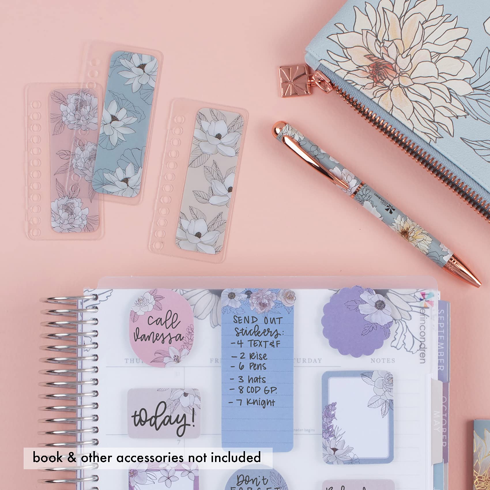 Mini Snap-in Bookmark Trio in Flora, Mark Your Pages in Style with Miniature Snap-in Bookmarks for Coiled Planners, Notebooks, or Binders in Elegant Hand-Sketched Flora Designs by Erin Condren