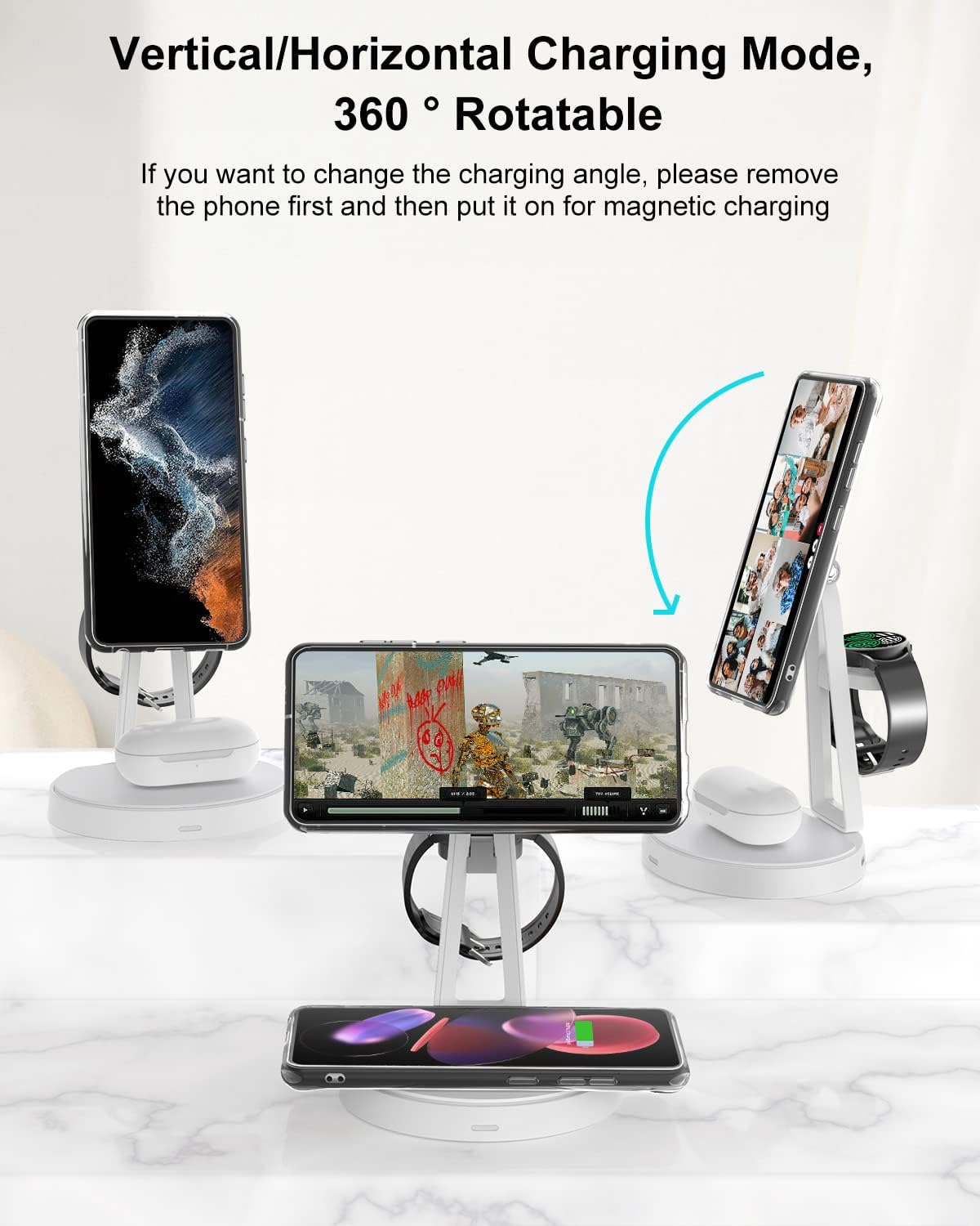 Magnetic Wireless Charging Station for Samsung, 3 in 1 Charging Stand 18W Mag-Safe Fast Charger Compatible for S23/S22/S21/S20/S10/Note 20/Z Flip 4, for iPhone 15,14,13,12, for Galaxy Watch & Buds