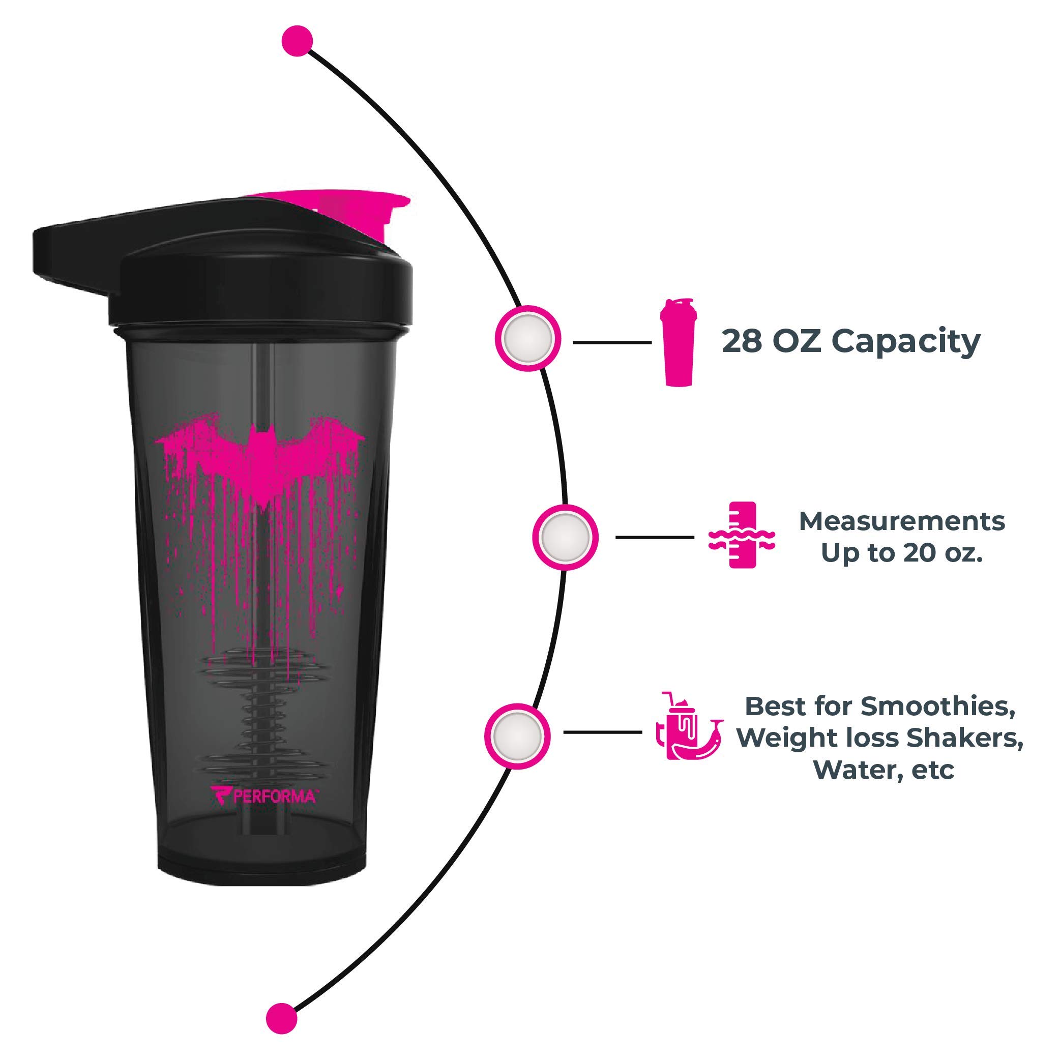 PerfectShaker Performa™ ACTIV DC Comics & Justice League Series Shaker Bottle, Best Leak Free Bottle with ActionRod Mixing Technology for Your Sports & Fitness Needs! (28oz, Pink Batman)