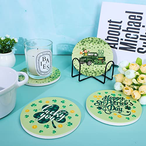 Whaline St. Patrick's Day Coaster 4Pcs Watercolor Green Lucky Shamrock Truck Hat Drink Coaster Irish Ceramic Coaster Cup Mat for Mugs Cups Home Kitchen Party Supplies, 4.1 x 4.1 x 0.3 Inch