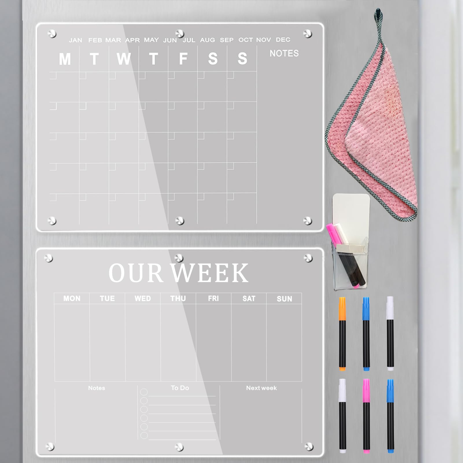 MACIKWON Magnetic Fridge Calendar Dry Erase,Acrylic Clear Monthly and Weekly Planner Board for Fridge with Dry Erase Markers (Plastic)