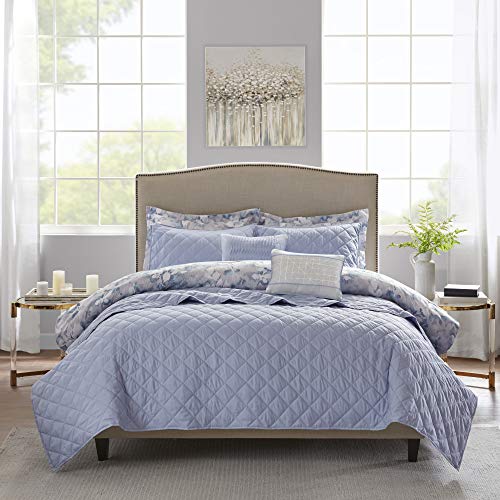 Madison Park Erica Comforter Quilt Combo Set - Modern Luxury Design, All Season Down Alternative Bedding, Matching Shams, Decorative Pillows, Full/Queen(90"x90"), Floral Blue 8 Piece