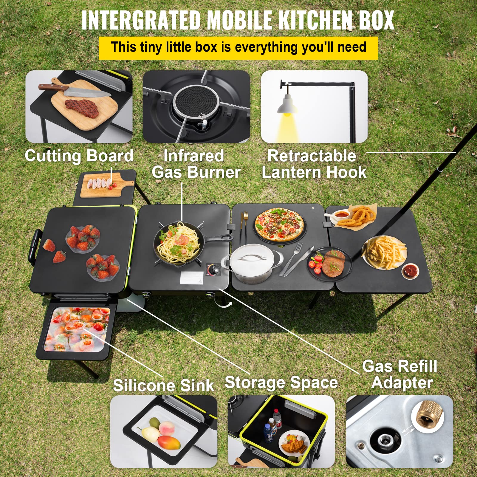 VEVOR Camping Kitchen, Outdoor Cooking Station Multifunctional Integrated Box with Wheels & Windproof Stove Portable Folding Tables Storage Organizer, for Picnic BBQ Beach Traveling, Black