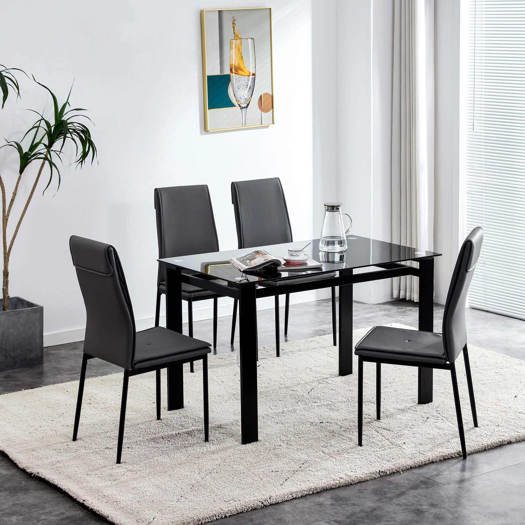 Lestar Dining Chair Set of 4, Faux Leather Upholstered Dining Chairs Comfortable High-back Design for Kitchen Furniture (Black/Grids Pattern)