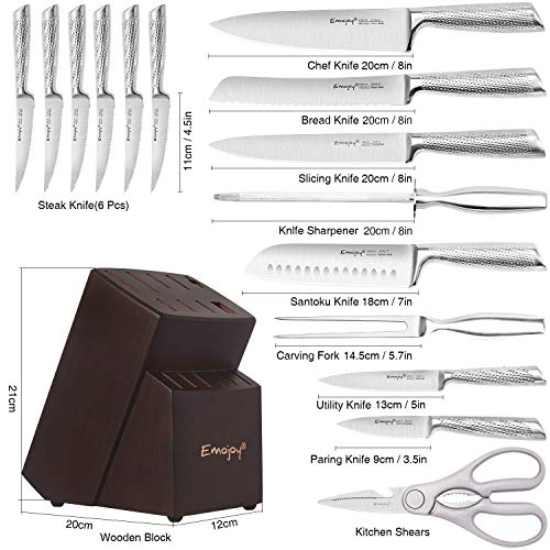 Knife Set, Emojoy 16-Piece Kitchen Knife Set with Block Wooden Carving Fork, Ripple German Stainless Steel Knife Block Set, Hollow Handle for Chef Knife Set with Sharpener and Scissors