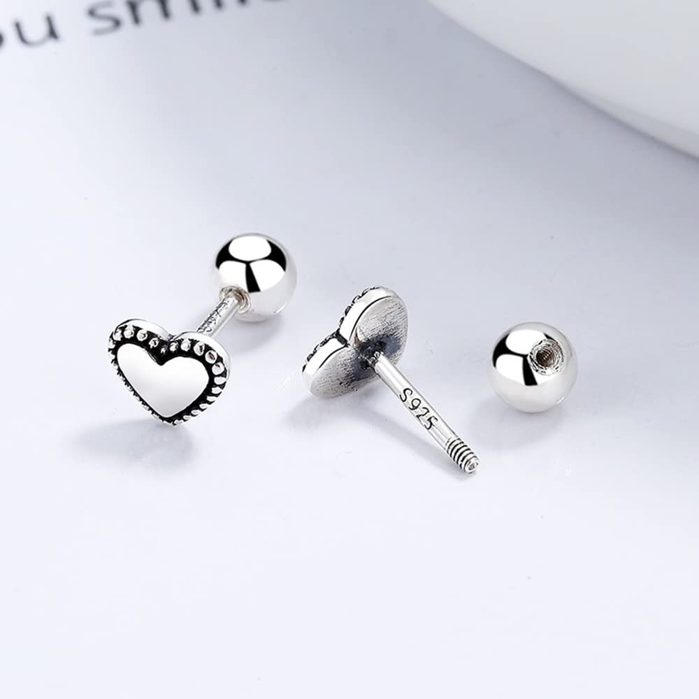 S925 Sterling Silver 18G Tiny Heart Cartilage Stud Earrings Vintage Eternity Love Hearts Tragus Helix Ear Ring Studs Daith Conch Ear Piercing Screw Back Ball Barbell for Sensitive Ears