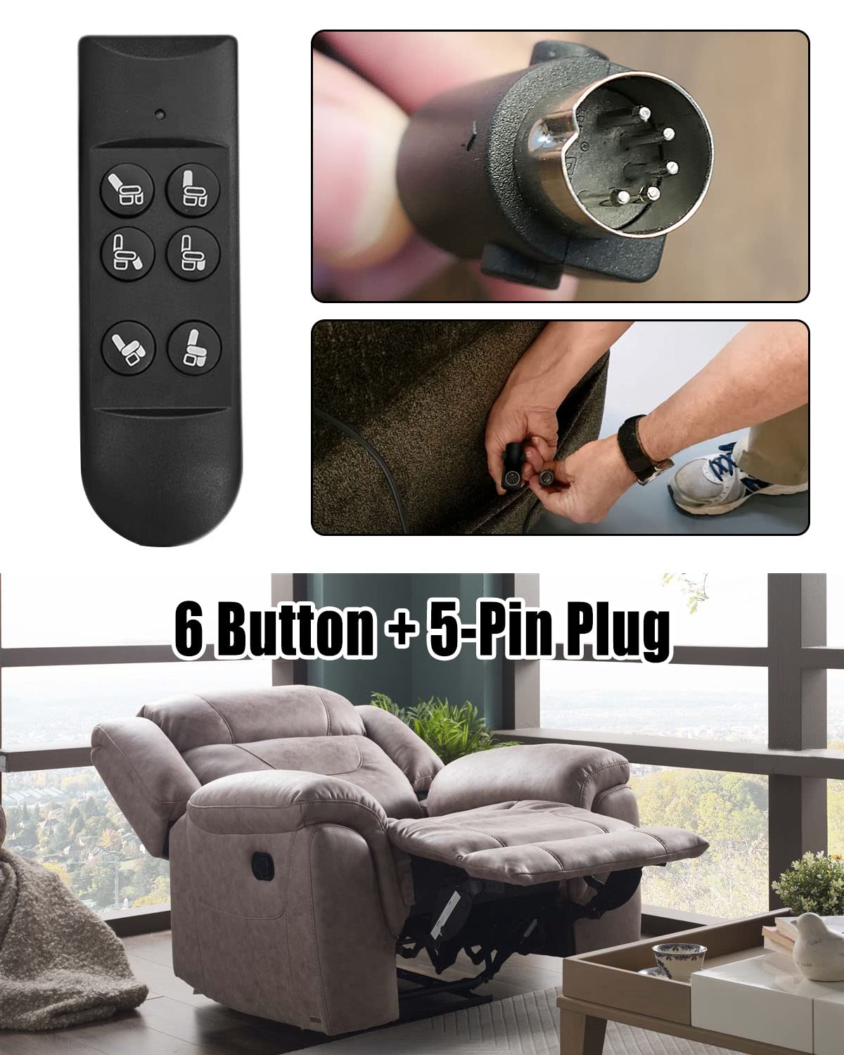 Lift Chair Remote Control for Home Power Recline Hand Control 6 Button Remote with 5-Pin Plug Extension Cable Fit for Okin Dewert Limoss Lazyboy Golden Catnapper