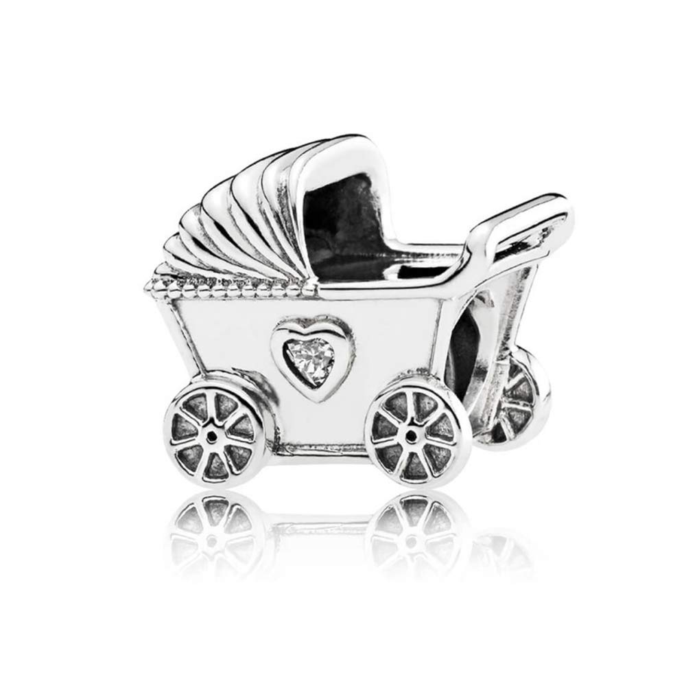 MiniJewelry Women Baby Pram Car Charm for Bracelets Necklaces Pendants Newborn Mom Mother Mum Present Sterling Silver Bead Family Birthday Christmas