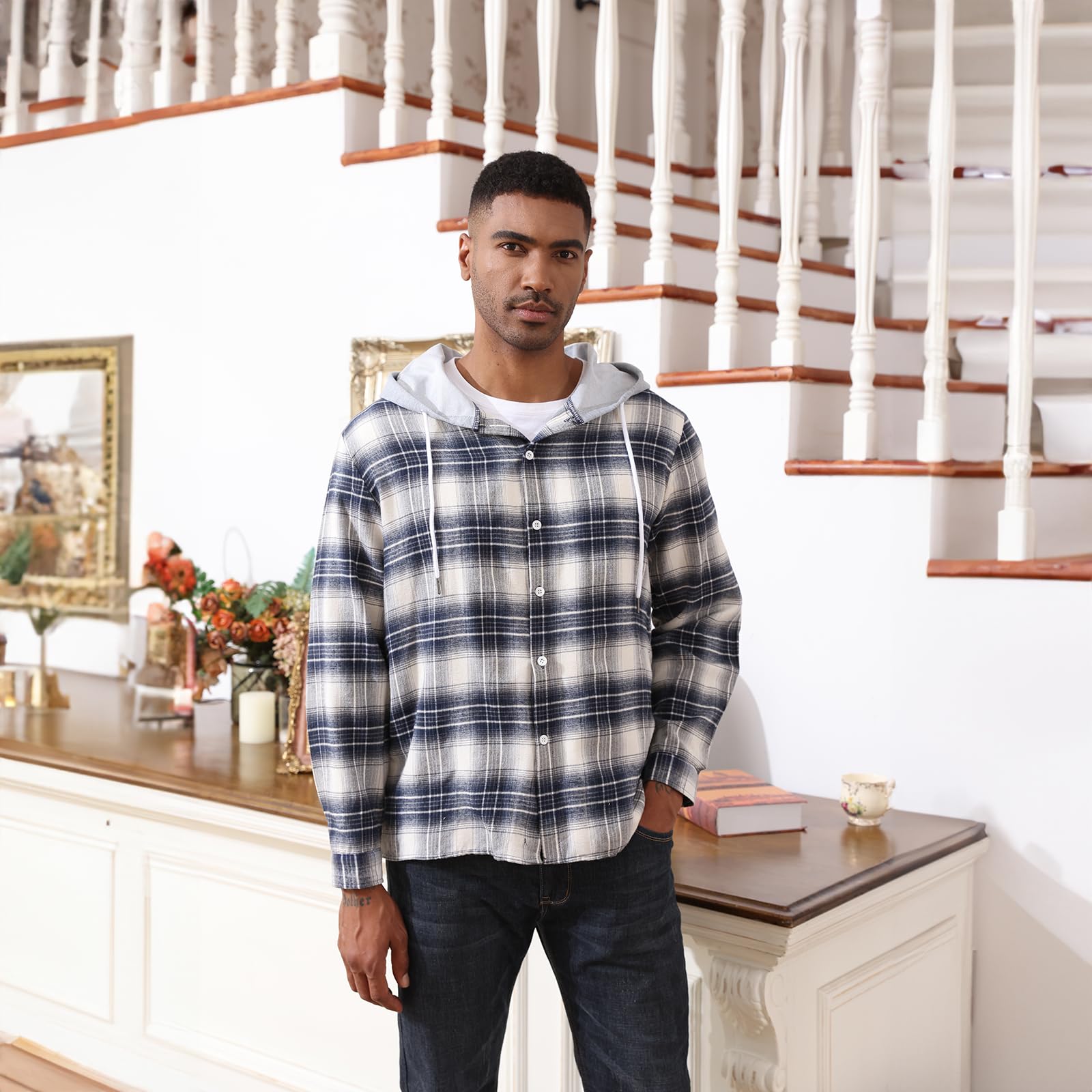 Mens Long Sleeve Flannel Plaid Shirts Casual Button Down Hooded Shirts Lightweight Fashion Top Navy