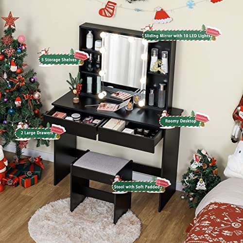 Makeup Vanity Desk with Sliding Lighted Mirror for Christmas Day, Makeup Table Vanity Desk with 2 Large Drawers, 3 Color Lighting Modes, Brightness Adjustable, Vanity Table for Women Girls, Black