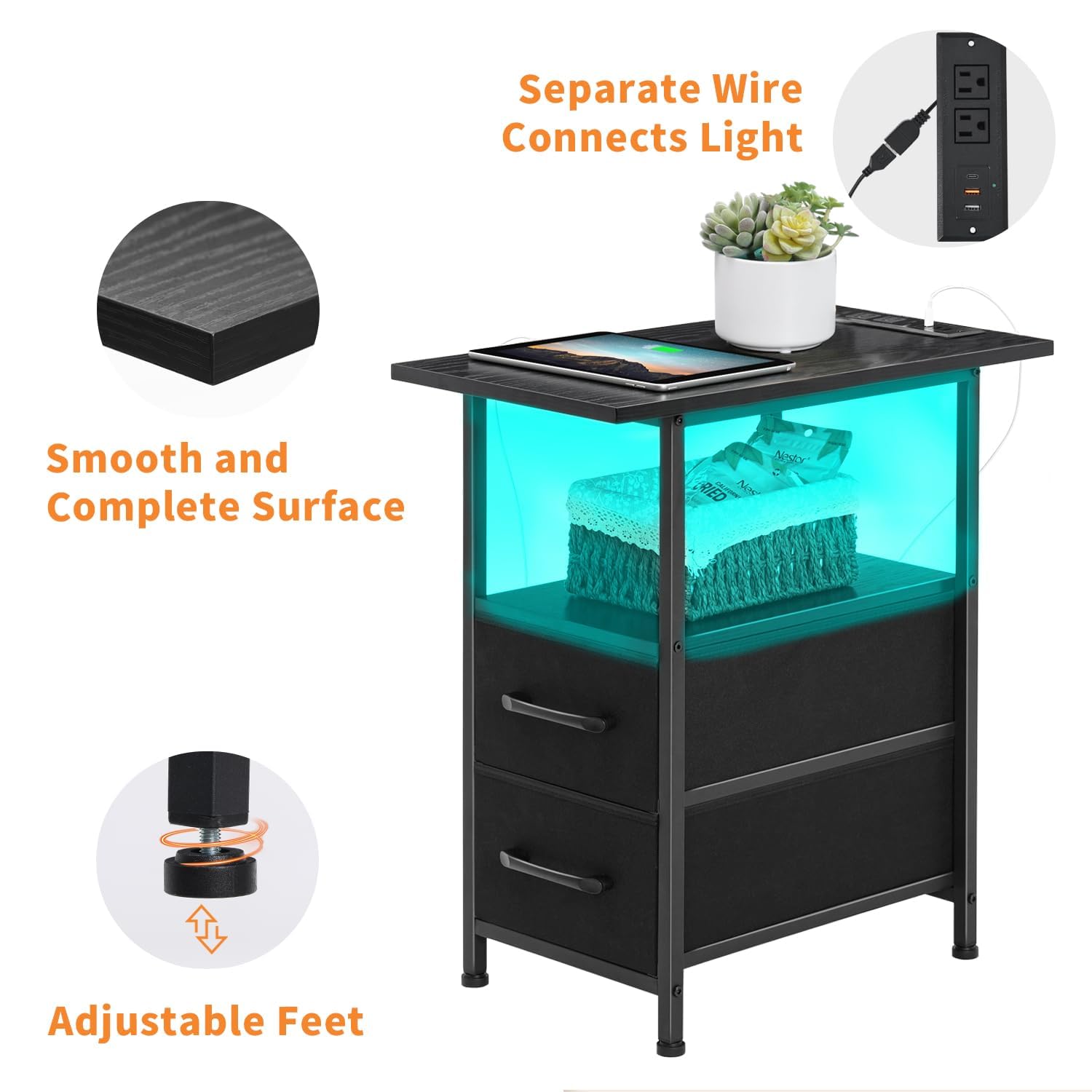 LAKEMID Narrow Side Table Set 2 with LED Light and USB C Port, Night Stand with Charging Station, Skinny End Table with 2 Fabric Drawers, for Bedroom, Living Room, Black