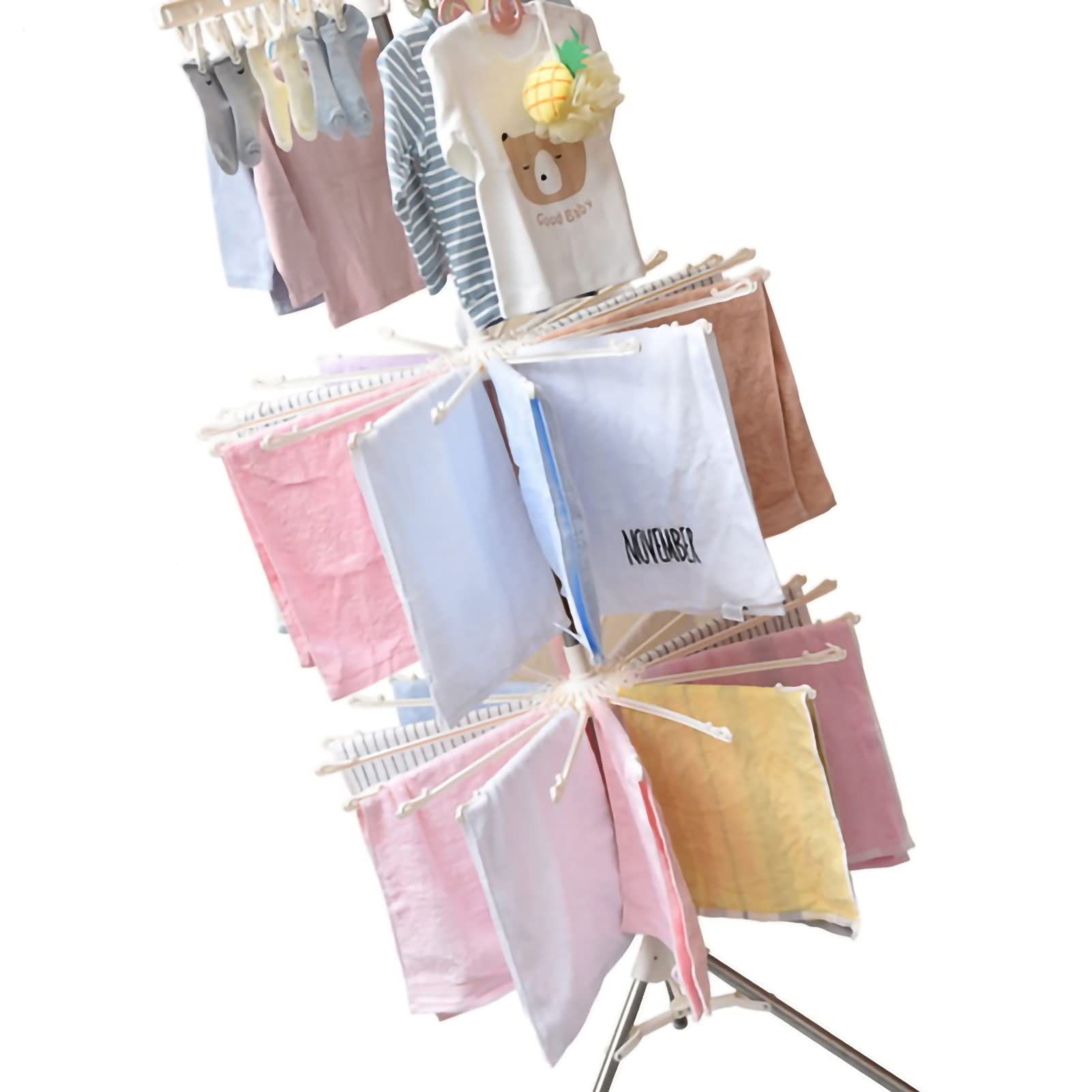 XTDHOMEDIAN 360 Degree Rotating Stainless Steel Foldable Clothes Drying Rack Laundry Accessories - Efficient Home Laundry Organization (3 Layer White 27x27x45.5cm)
