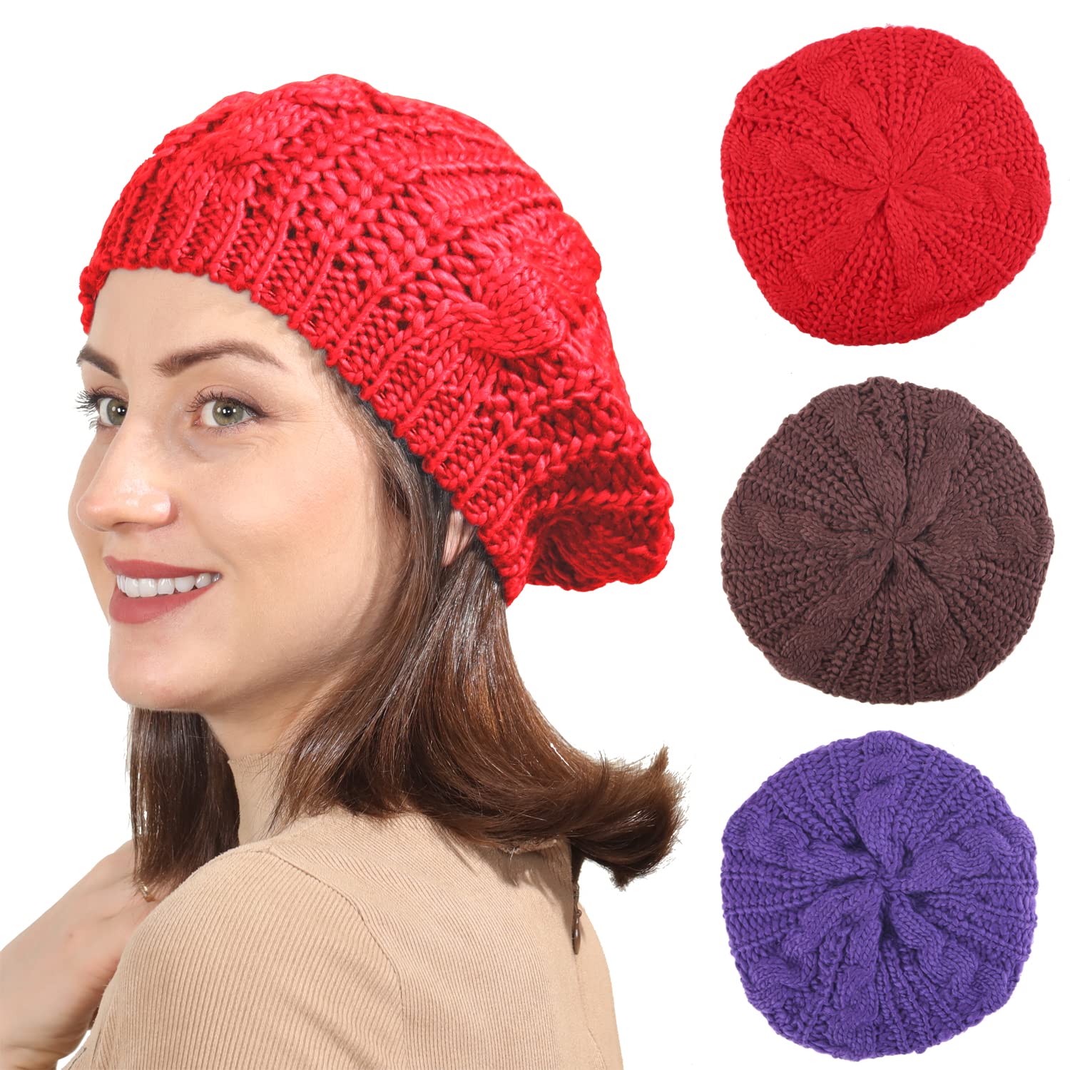 MULIMU 3 Pieces Women Fall Winter Ribbed Beret Beanie hat Warm Chunky Knit Beret Hat for Women (Black,Beige,Dark Gray)