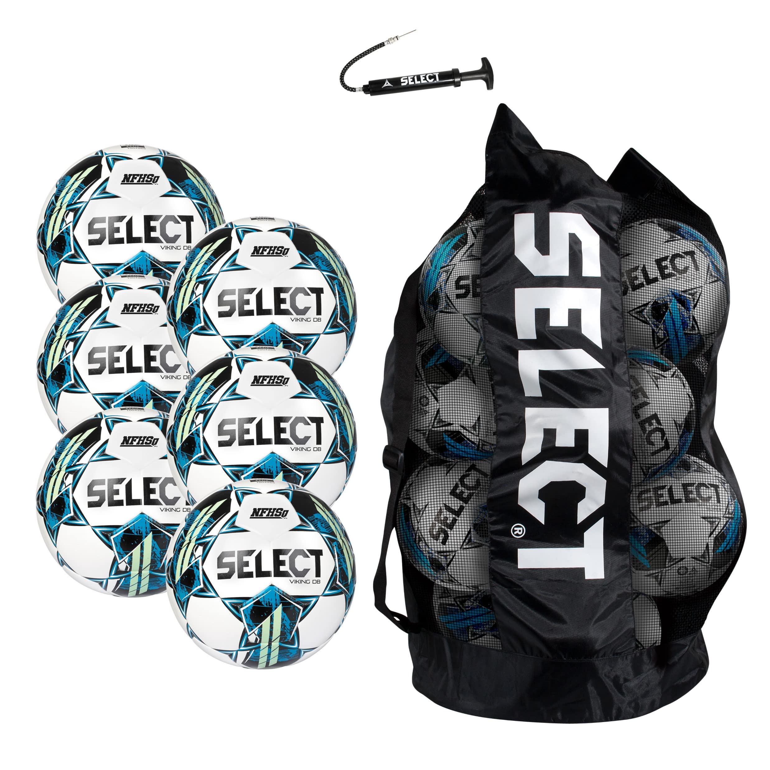 SELECT Viking DB Soccer Ball, 6-Ball Pack with Duffle Ball Bag and Hand Pump, White/Blue/Green V22, Size 5