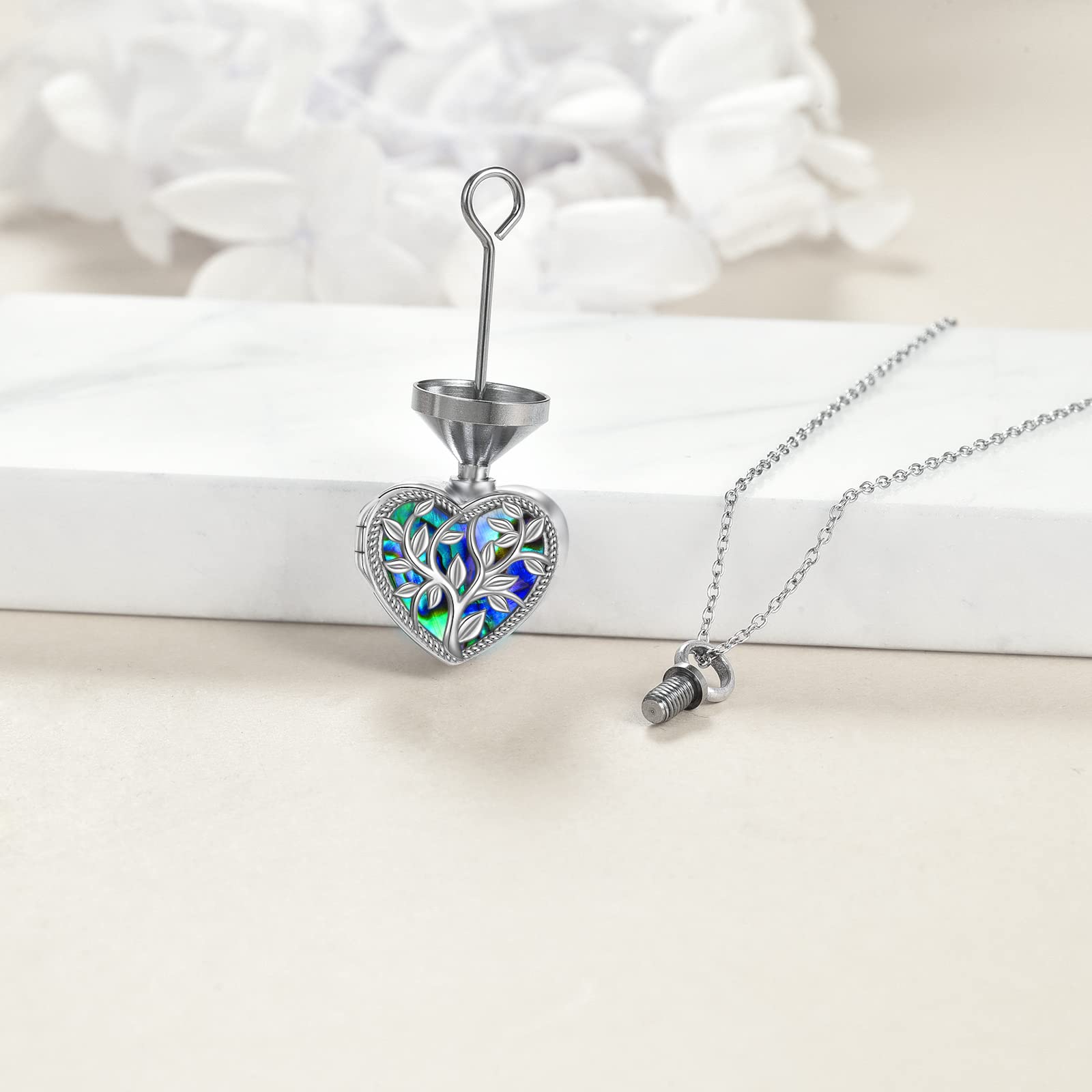 ONEFINITY Cremation Urn Necklace for Ashes Sterling Silver Abalone Shell Tree of Life Locket Necklace That Holds Pictures Heart Cremation Keepsake Memorial Ash Jewelry for Women Men
