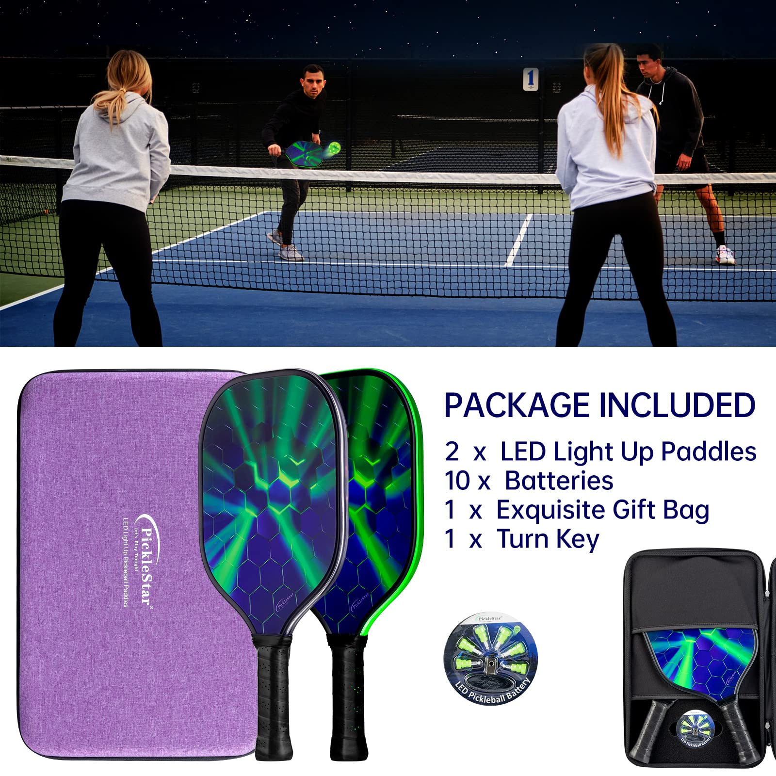 PickleStar LED Light Up Pickleball Paddles with Graphite Carbon Fiber Face and Honeycomb Polypropylene Core,Set of 2, 10 Batteries Included,Gift for Pickleball Lovers