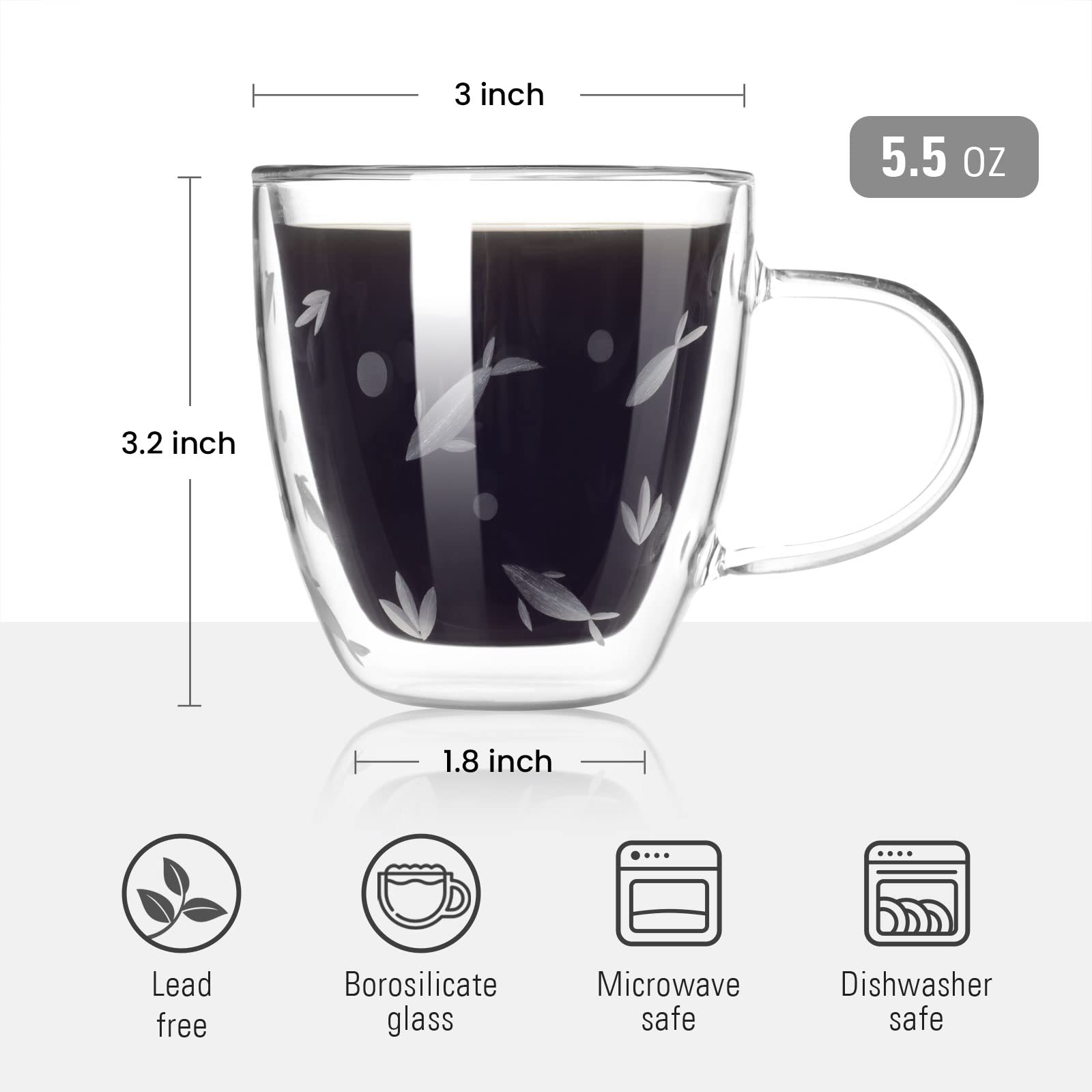 SHOSHIN Hand Cut Espresso Cups - Double Wall Glass Coffee Mugs with Handle(Set of 2, 5.5 Ounces Coffee Mug, Insulated Layer Glass Coffee Cups, Coffee Mug for Cappuccino(Swimming fish)