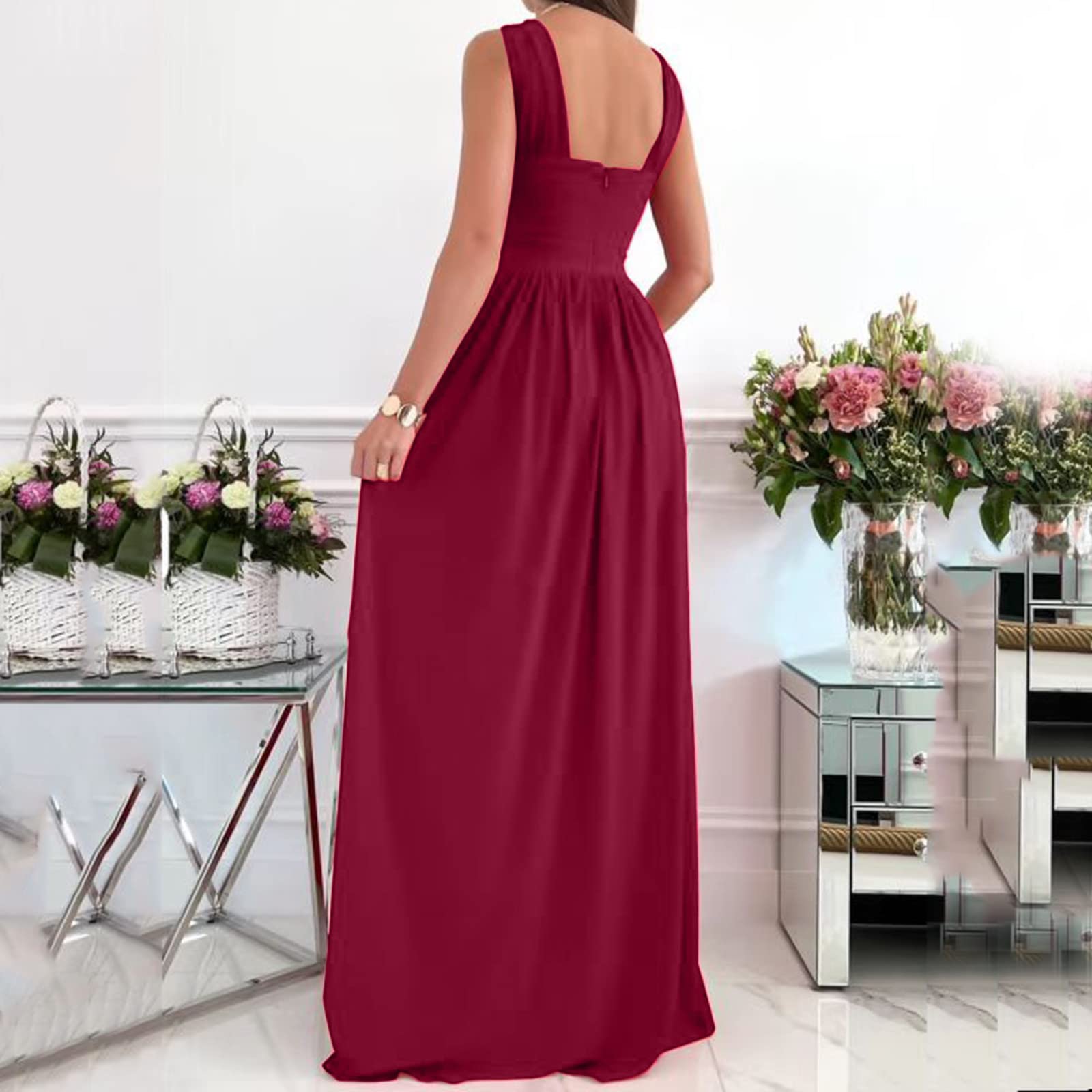 Pinkpaopao Deep V Neck Maxi Dress for Women Solid Color Elegant Swing Dress High Waisted Side Split Long Beach Dress