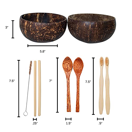 Patterned Jumbo Organic Coconut Bowls with Spoons (coconut bowl), Bamboo Straws, Straw brush and Bamboo Toothbrush (4Pack), Vegan buddha bowl Gifts set. Smoothie bowls, coconut bowls for smoothies.