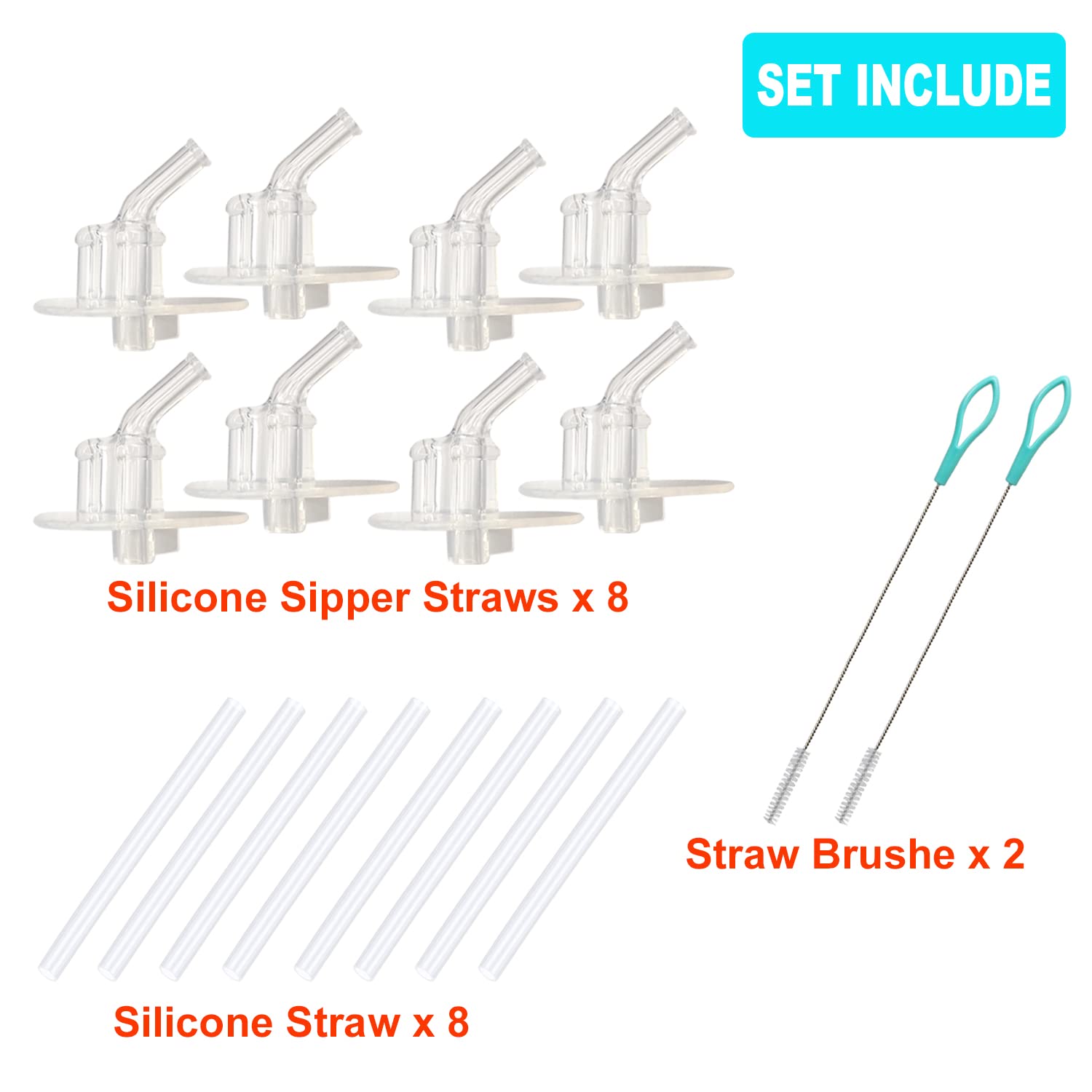 Replacement Straws for Thermos Funtainer 12 Ounce Bottle(F401), 8 Sets(8 pcs Silicone Sipper Straws, 8 pcs Silicone Straw stems and 2pcs Straw Cleaning Brushes)