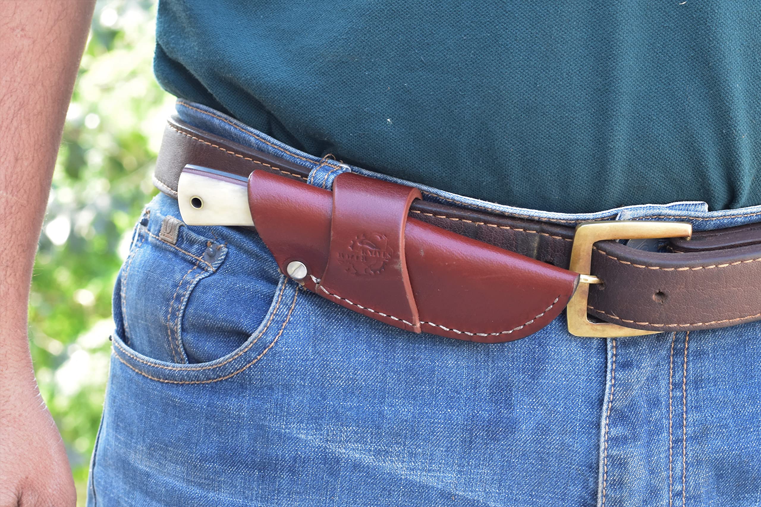Knives Ranch Fixed Blade Hunting Knife - Full Tang EDC Knife - Damascus Skinning Knife - Bone Handle and Heavy Duty Horizontal Carry Sheath Snug Fit (4402-B)