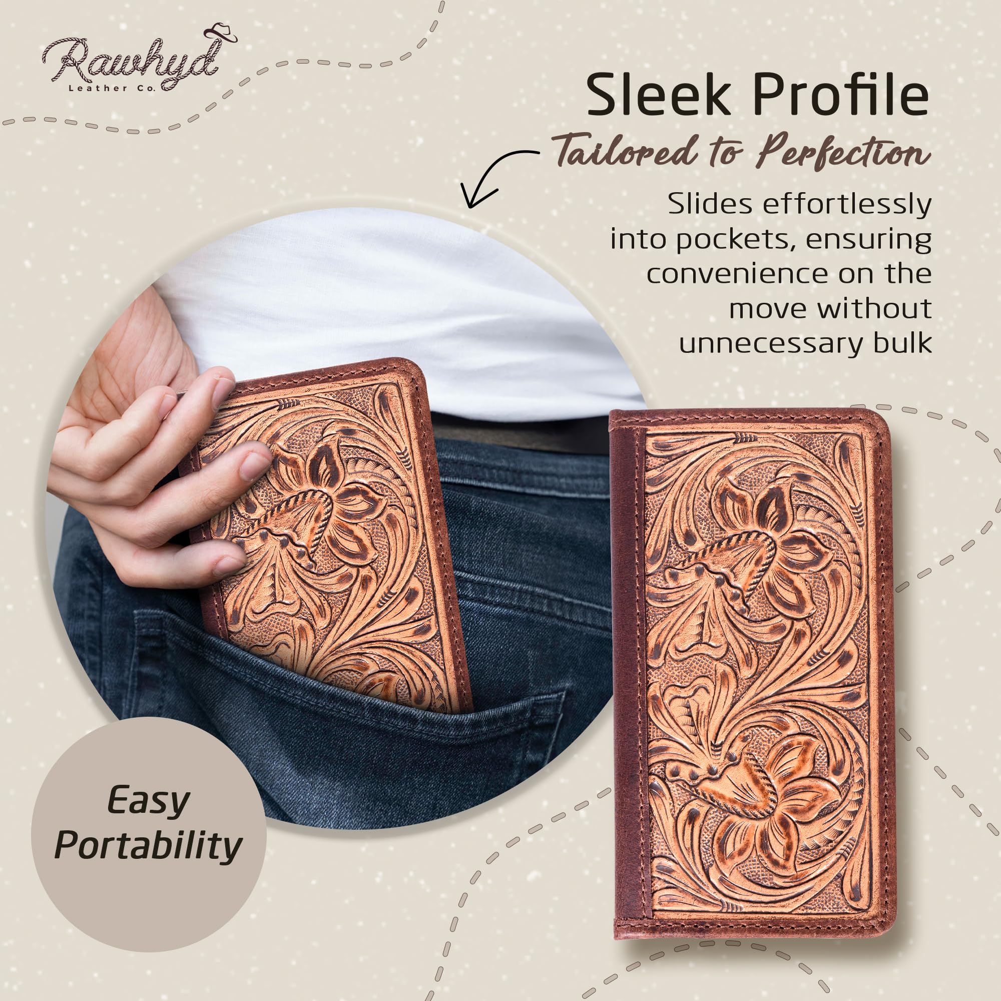 Mens Tooled Leather Wallet β RFID-Blocking Long Wallets for Men - Full Grain Leather Cowboy Wallets for Men β Floral Tooled Mens Western Wallets w/ Credit Card Sleeves - Country Western Gifts for Men
