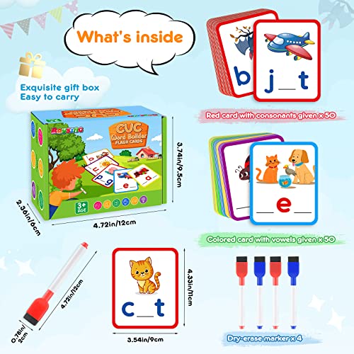 Short Vowel Spelling Flashcards, CVC Sight Words Handwriting Cards, Learn to Write Phonics Flash Cards, CVC Words for Kindergarten Learning Activities, Educational Toy Gift for Kids 3 4 5 Years Old