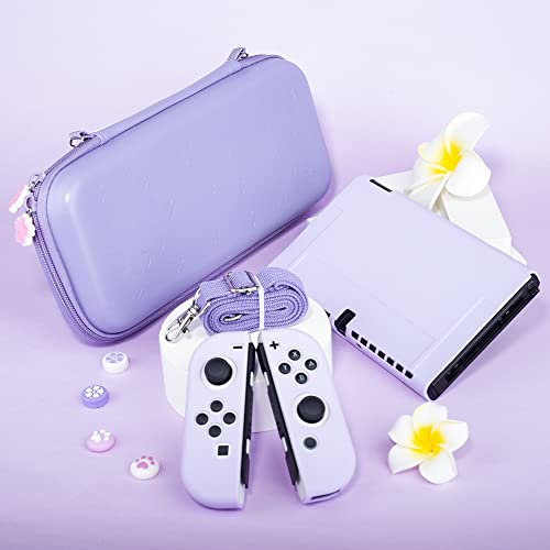 RHOTALL Solid Color with Sakura Embossing Carrying Case for Nintendo Switch OLED, Potable Case for Switch OLED with Soft Case, Screen Protector, 4 Thumb Caps, Wrist band and Shoulder strap - Purple