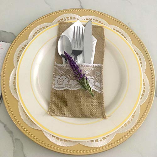 OwnMy Natural Burlap Tableware Utensil Holders Burlap Lace Silverware Holder Linen Knife and Forks Cutlery Pouch Bag for Vintage Rustic Wedding Party (Beige-30 Packs)