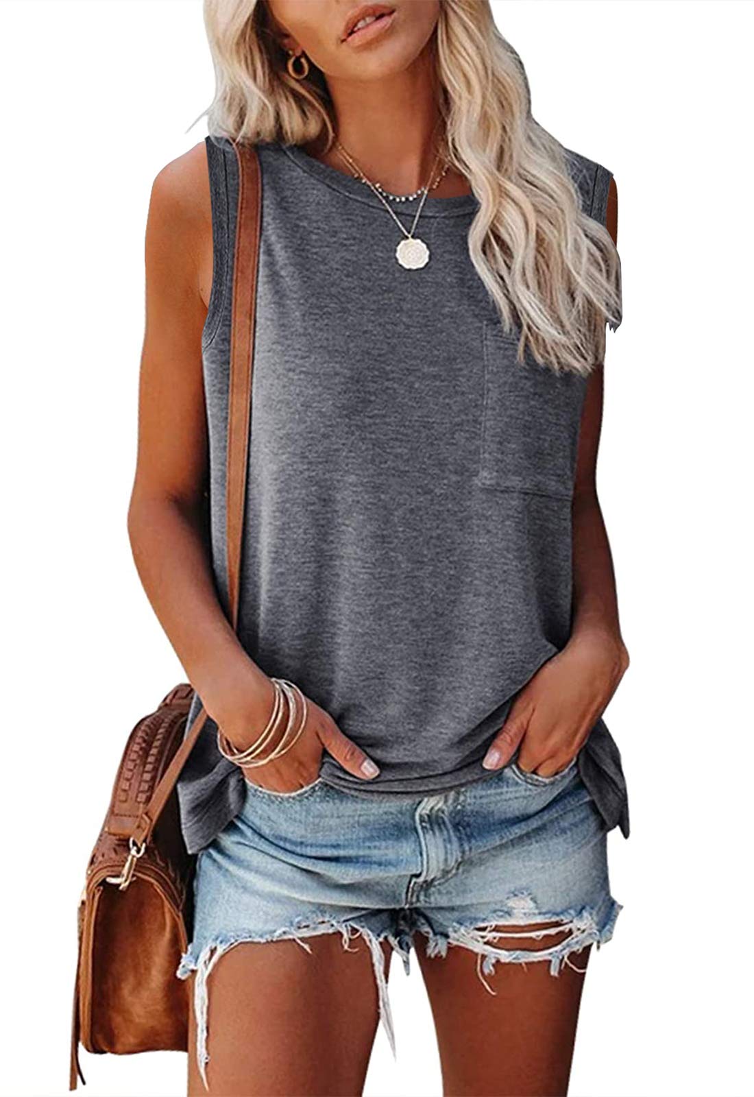 MIROL Women's Sleeveless Tank Tops Basic Loose Tunic T Shirts Batwing Sleeve Solid Color Casual Tee with Pocket Grey